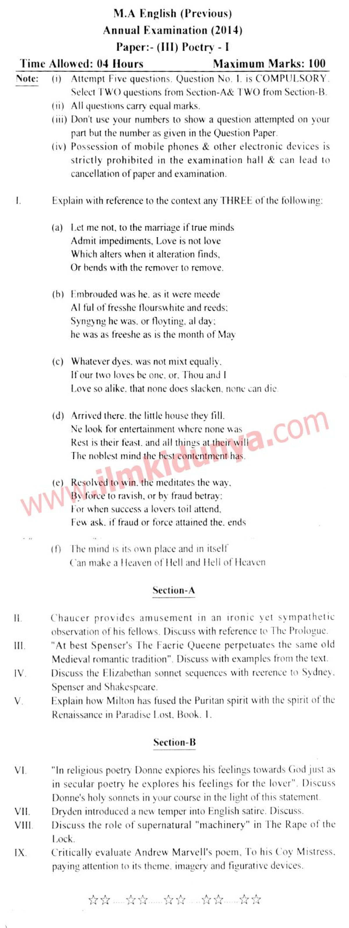 Past Papers 2014 Peshawar University MA Part 1 English Paper 3 - Studocu