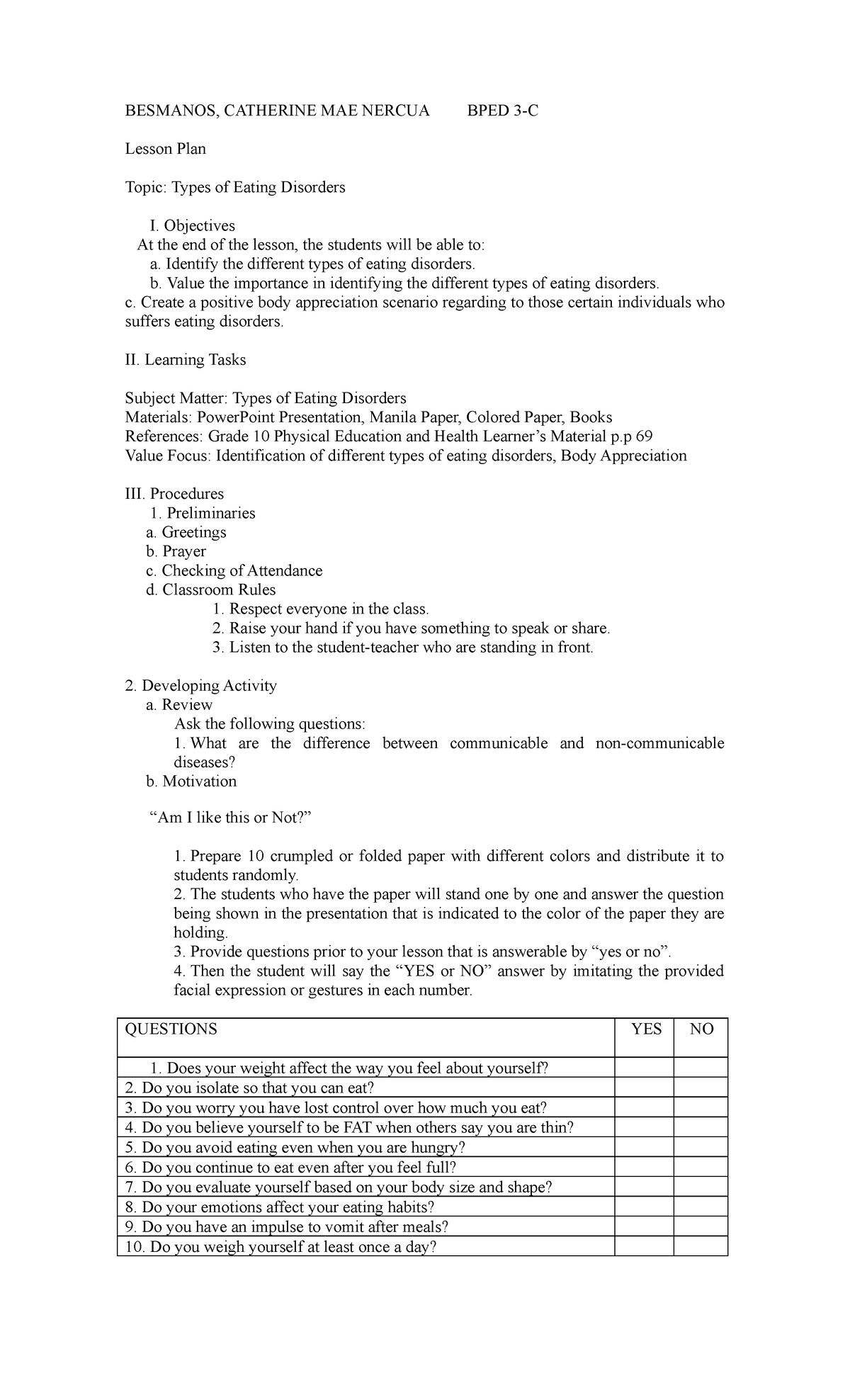 Eating Disorders Lesson Plan - BESMANOS, CATHERINE MAE NERCUA BPED 3-C ...