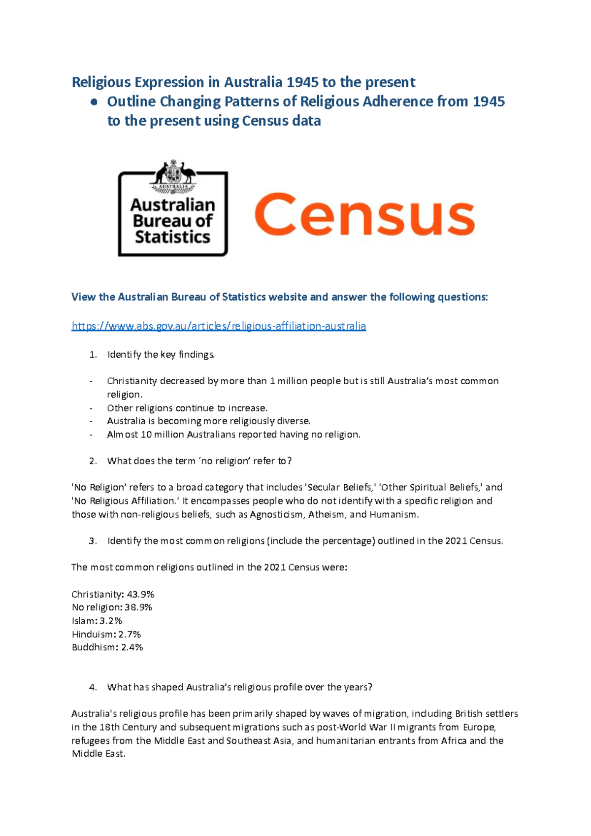 Religion in Australia post 1945 - Google Docs - Religious Expression in ...