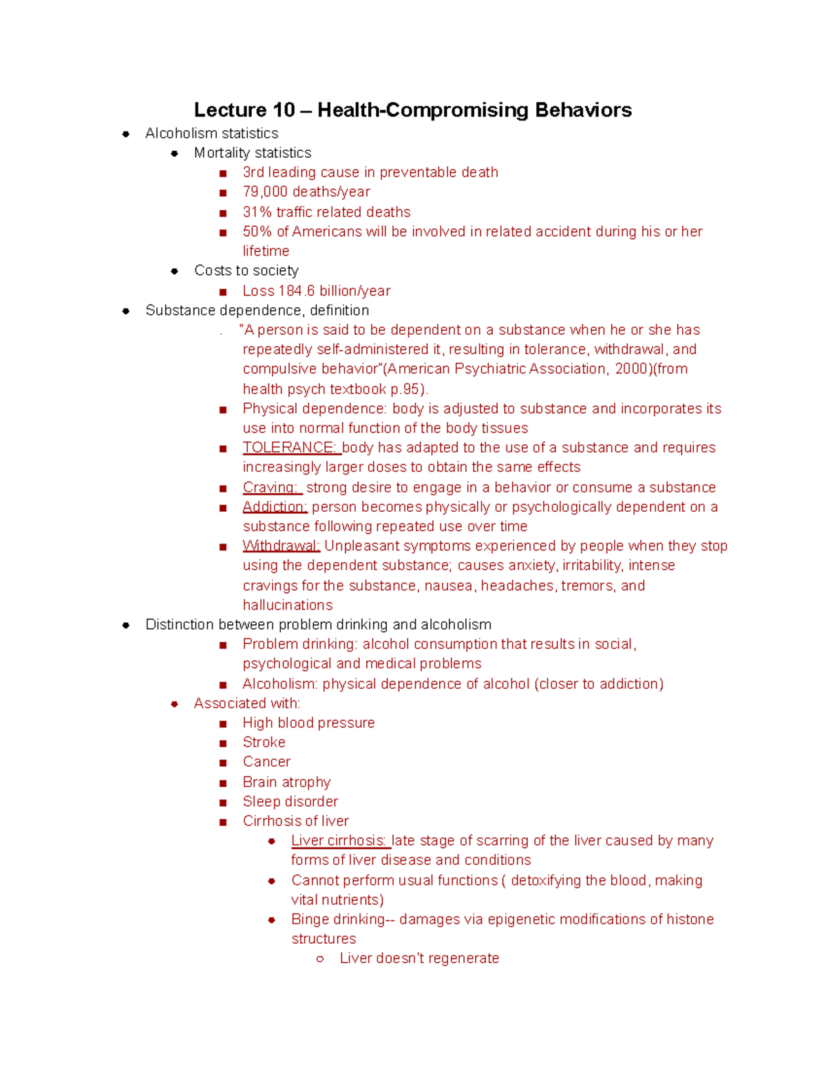 PSC 126 Notes (Lecture 10) - Lecture 10 – Health-Compromising Behaviors ...