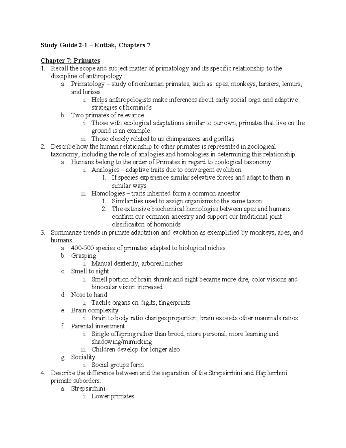 Study Guide 2-1 - a. Primatology – study of nonhuman primates, such as ...