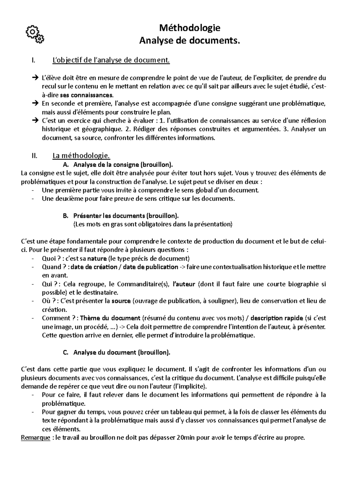 Méthodologie analyse de document - I. L’objec*f de l’analyse de document. è L’élève doit être en ...