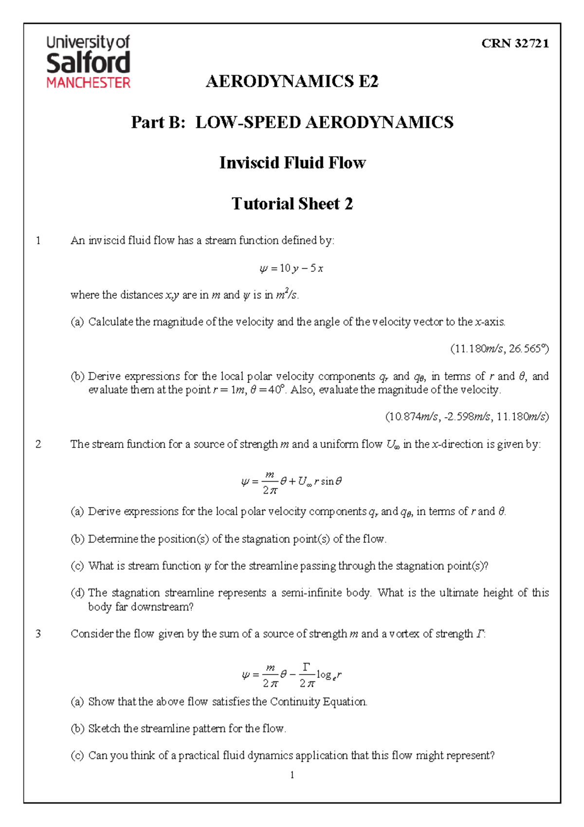 Part B Tutorial Sheet 2 - CRN 32721 AERODYNAMICS E2 Part B: LOW-SPEED ...
