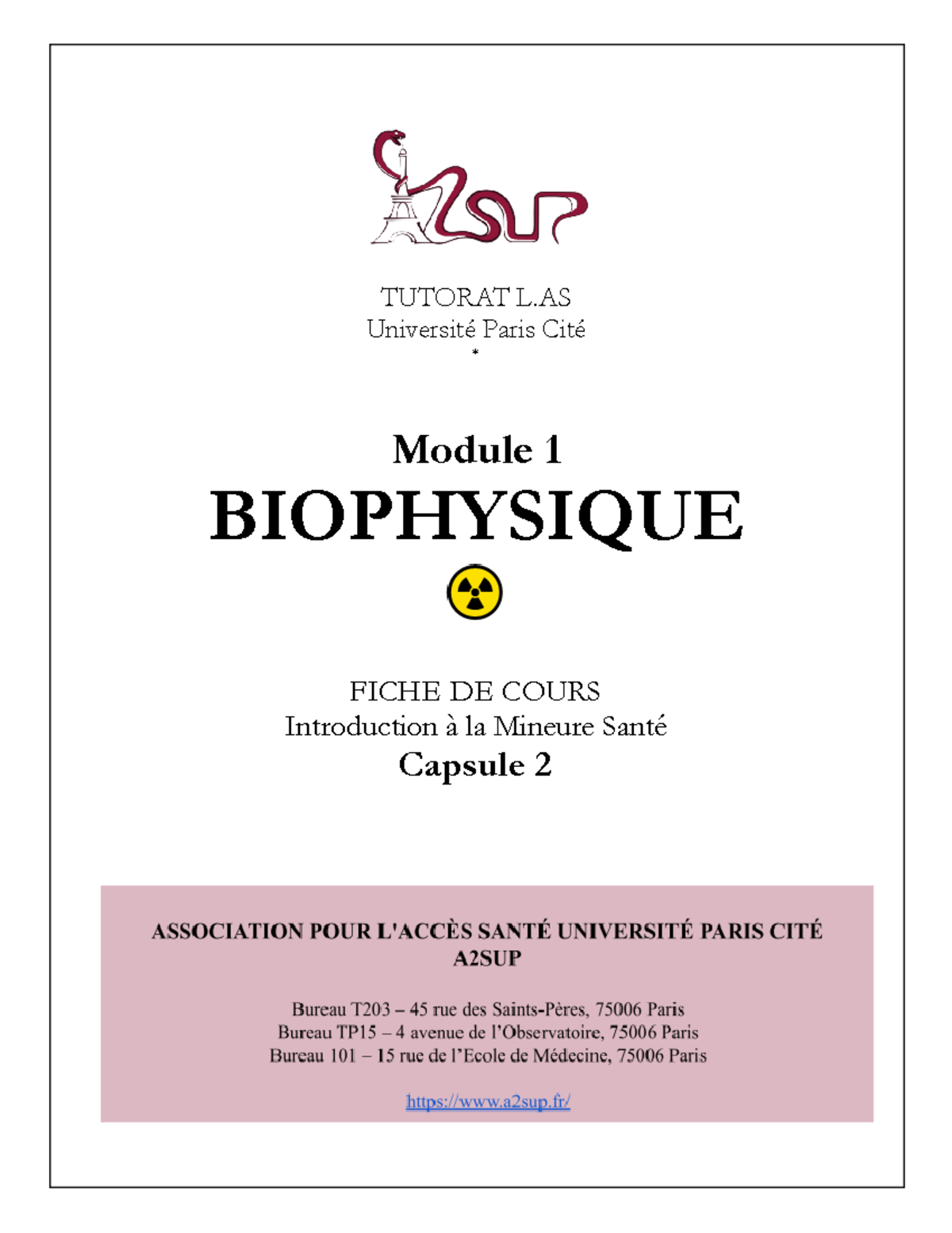 Fiche 2 Biophy - TUTORAT L Université Paris Cité Module 1 BIOPHYSIQUE ...
