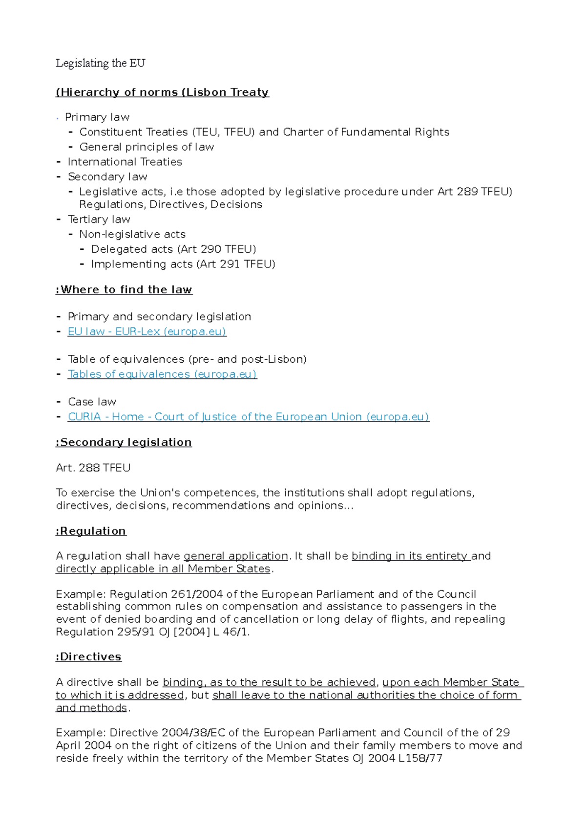Legislating the EU notes - Legislating the EU ( Hierarchy of norms ...