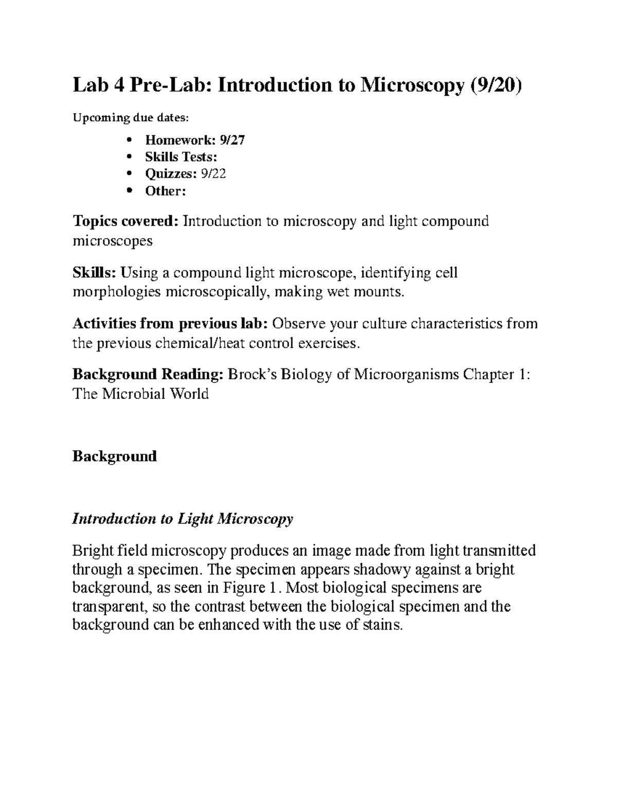 Pre-Lab 4 introduction to microscopy Fall 2021 - Lab4Pr e Lab:I nt r o ...