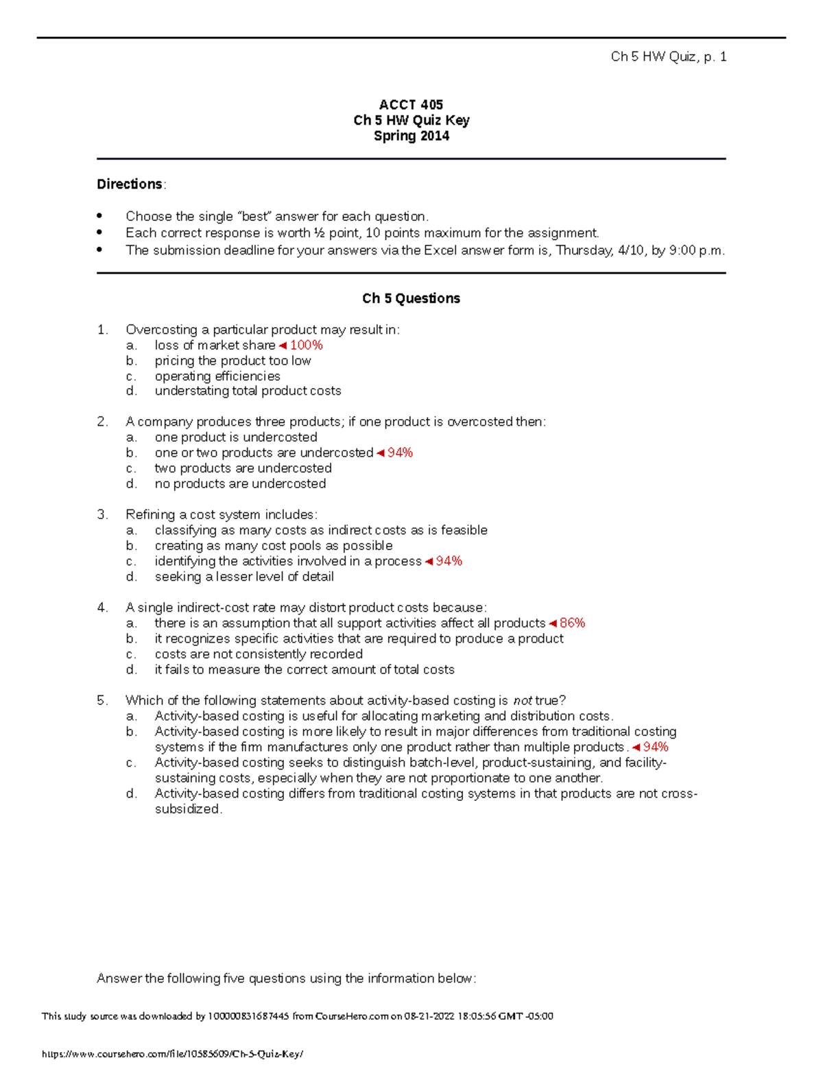Ch 5 Quiz Key - Answer key - ACCT 405 Ch 5 HW Quiz Key Spring 2014 ...