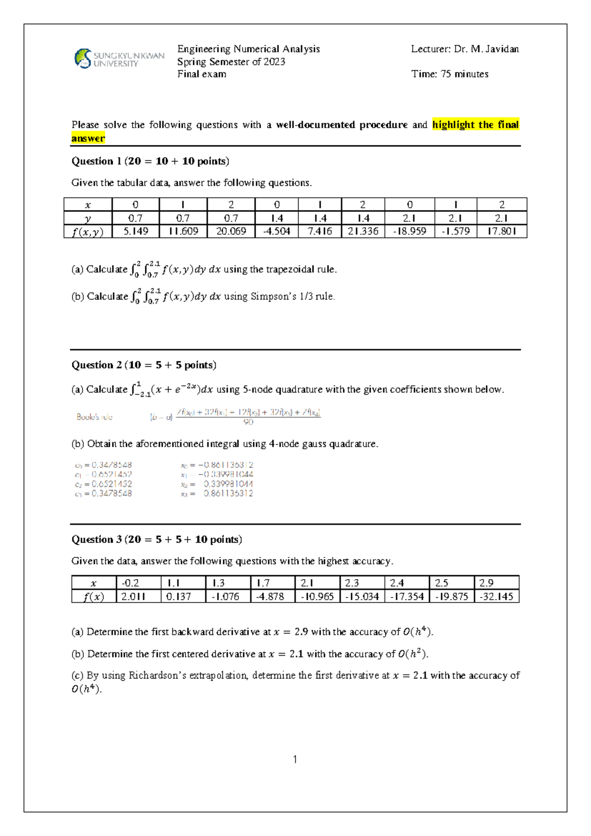 Final exam - Engineering Numerical Analysis Lecturer: Dr. M. Javidan ...