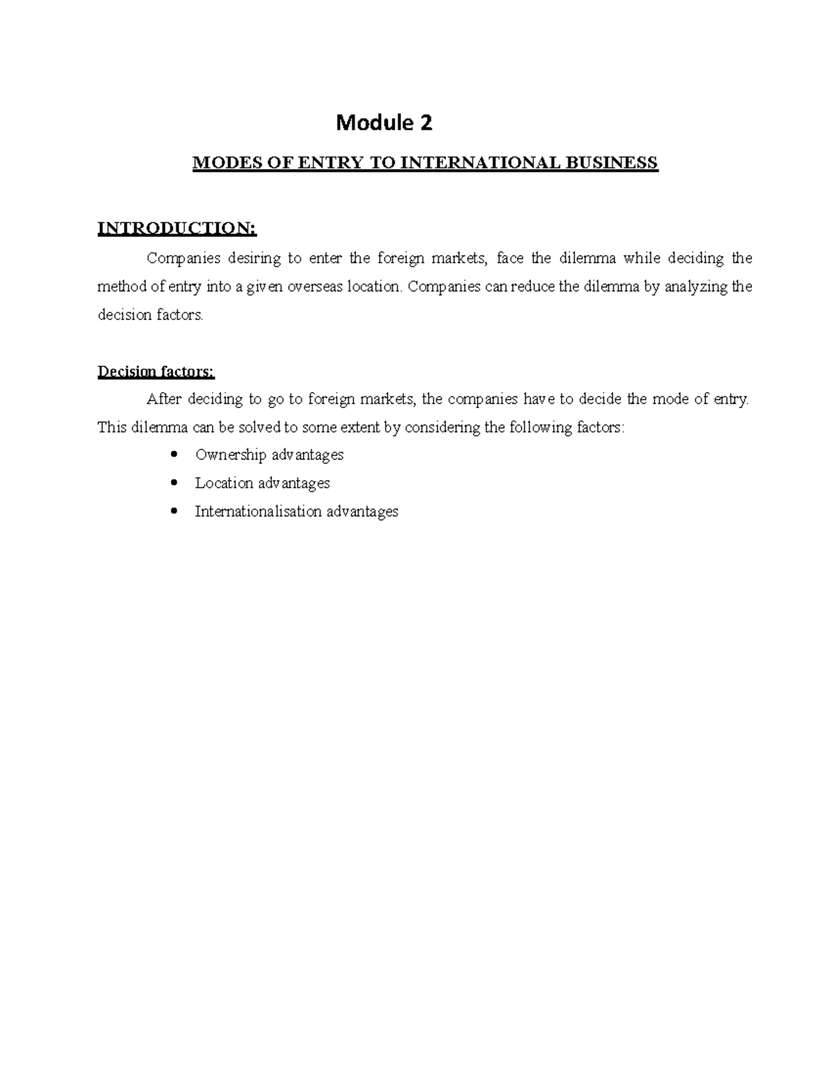 Module 2 - It’s lecture notes - Module 2 MODES OF ENTRY TO ...