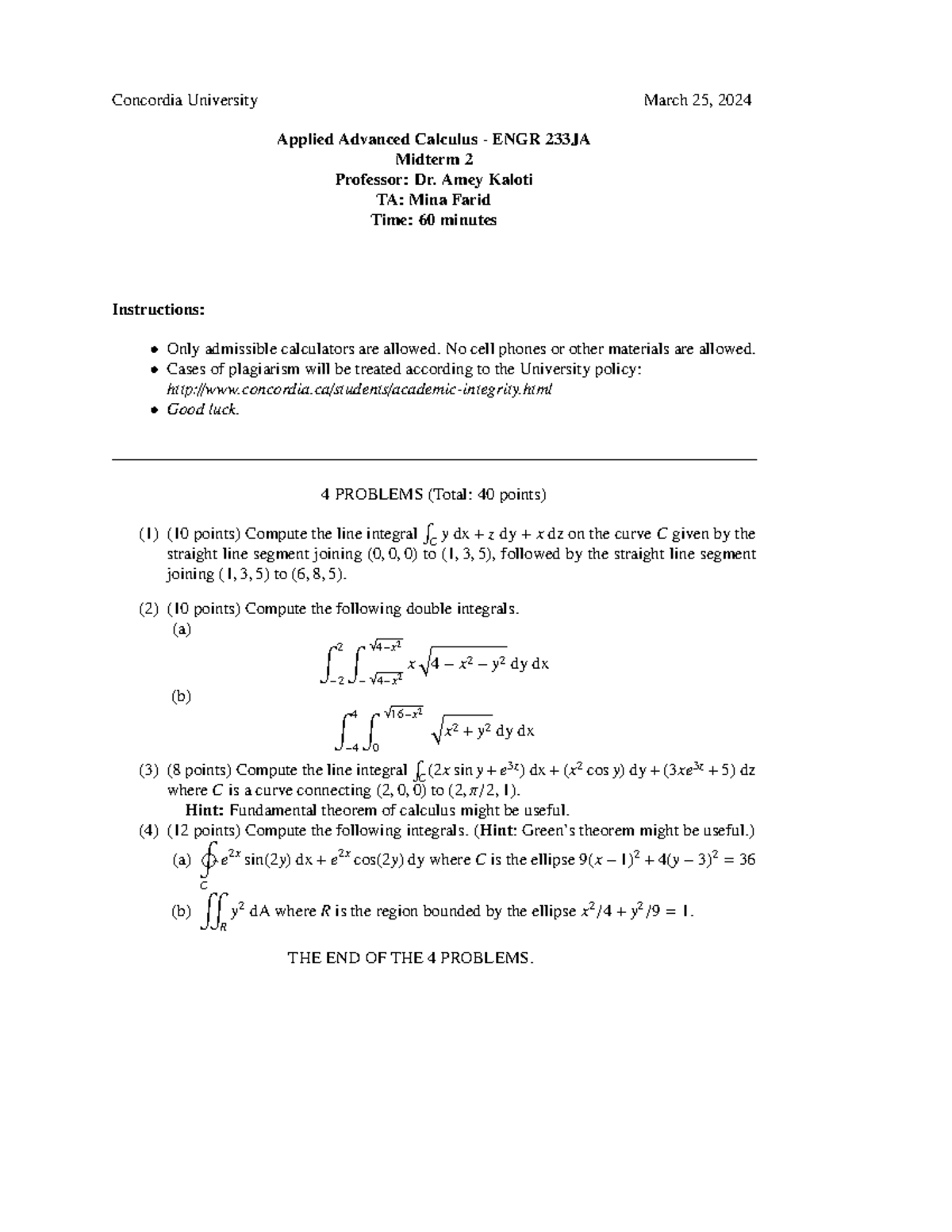 Midterm 2 ENGR 233 JA Winter 24 - Concordia University March 25, 2024 Applied Advanced Calculus ...