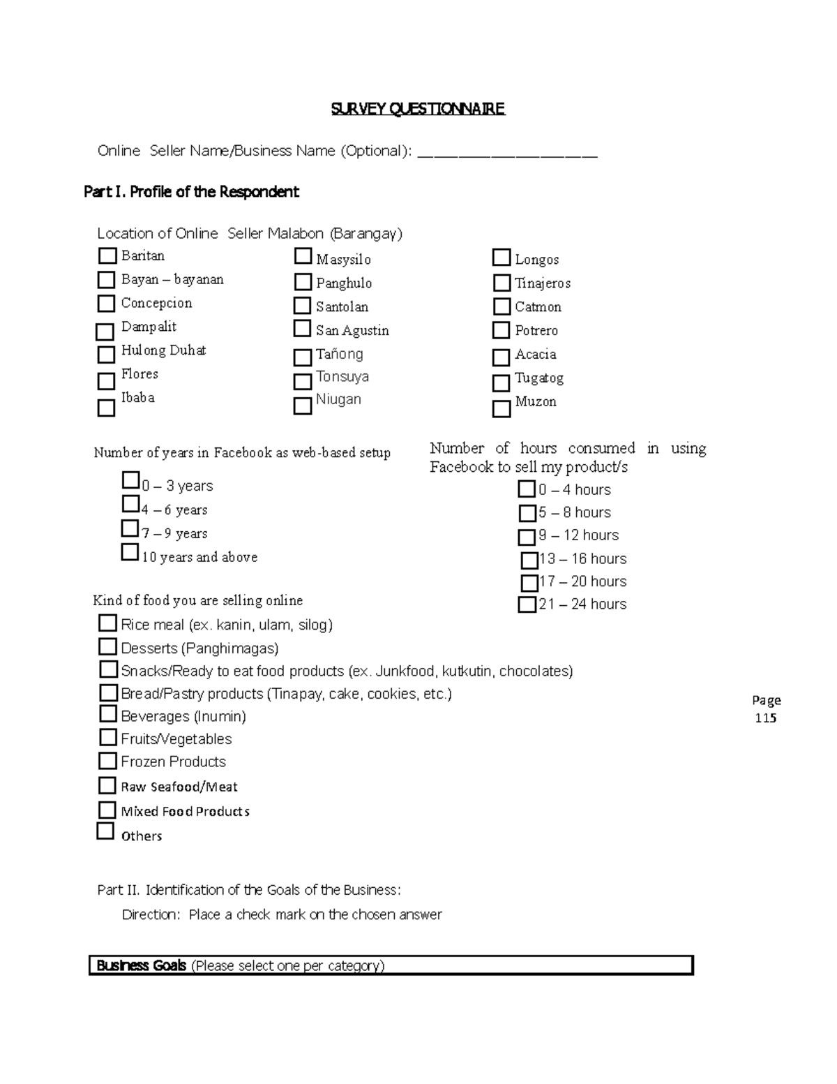 Sample- Survey- Questionnaire - SURVEY QUESTIONNAIRE Online Seller Name ...