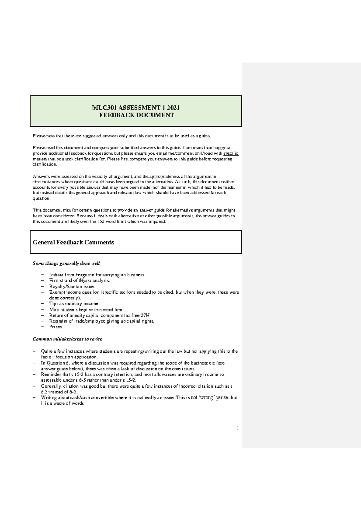 MLC301 Assessment 1 T1 2021 Answer Guide - MLC301 ASSESSMENT 1 2021 FEEDBACK DOCUMENT Please ...