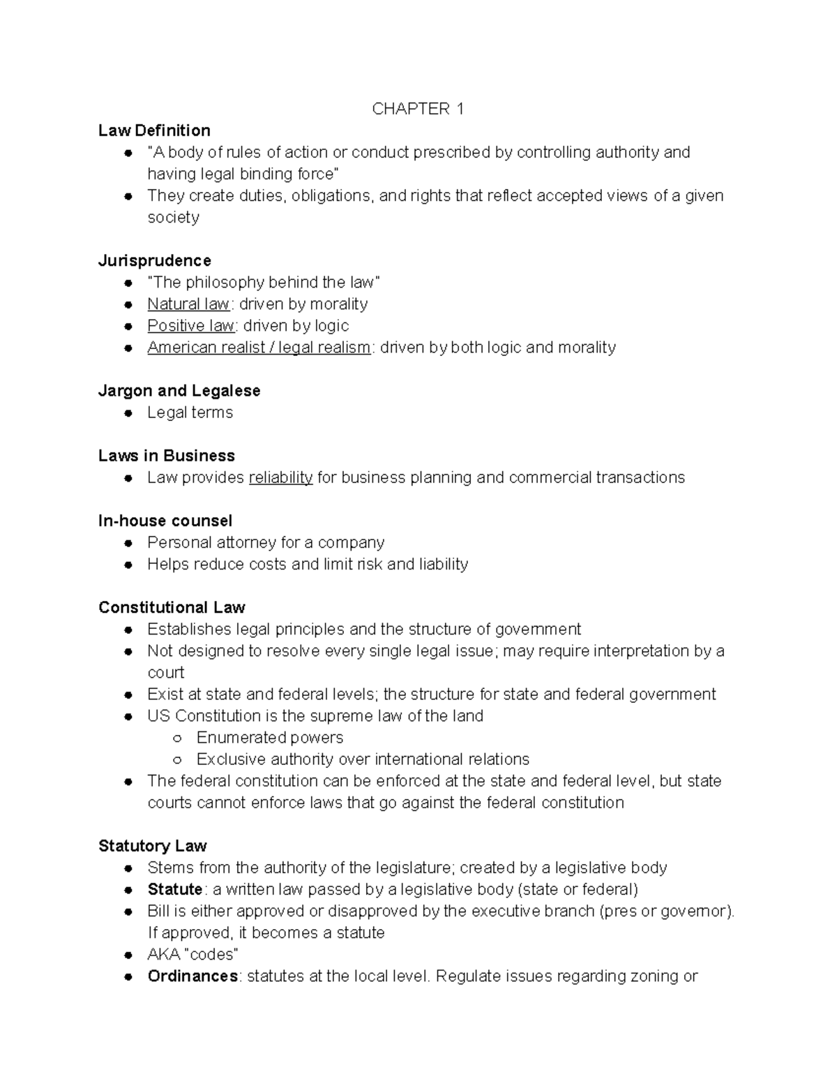 Exam 1 Overview Professor Otten s Class CHAPTER 1 Law Definition A