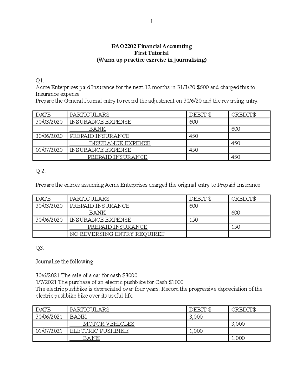 Tute 1 Tutorial Solution 1 1 Bao2202 Financial Accounting First Tutorial Warm Up Practice