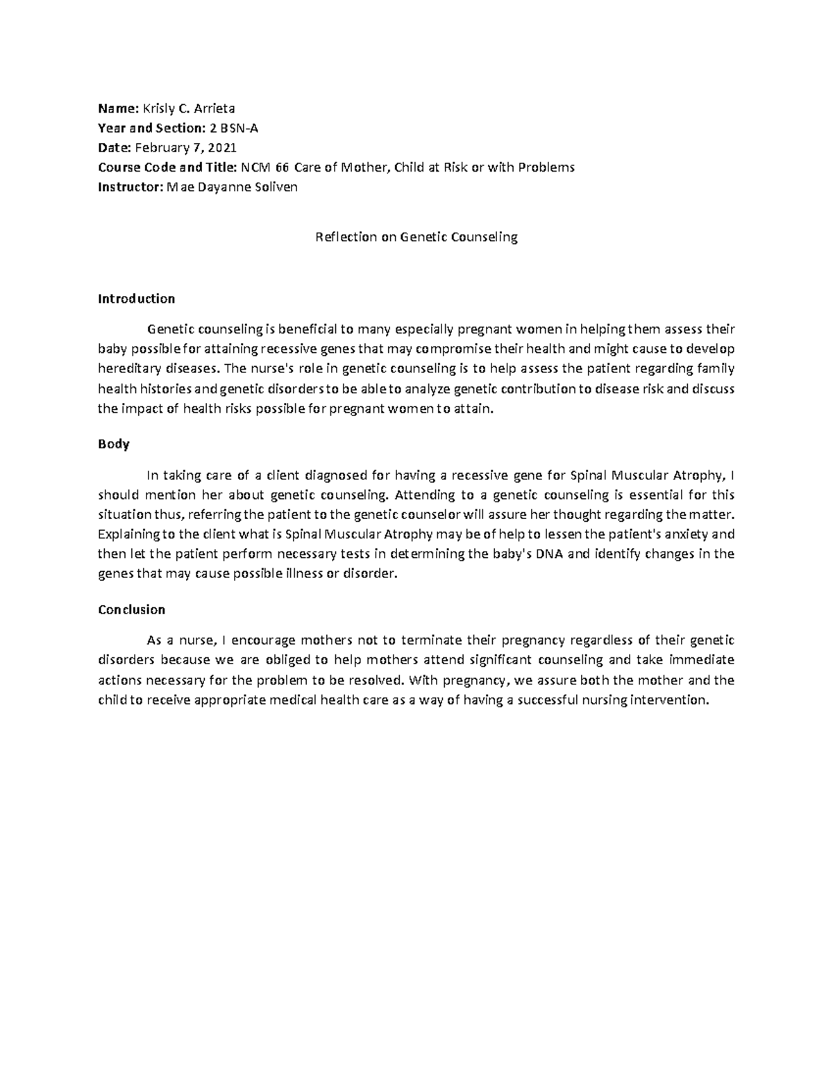 Genetic-Counseling-Output - Name: Krisly C. Arrieta Year and Section: 2 ...