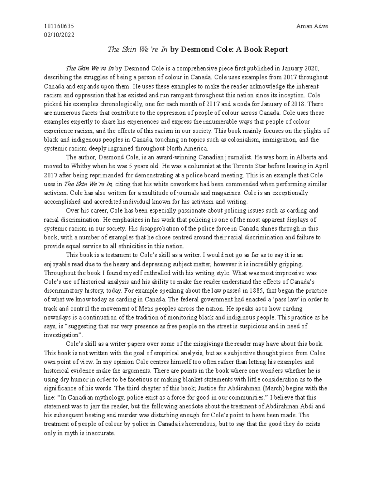 The Skin We're In Book Report - 101160635 Aman Adve 02/10/ The Skin We ...