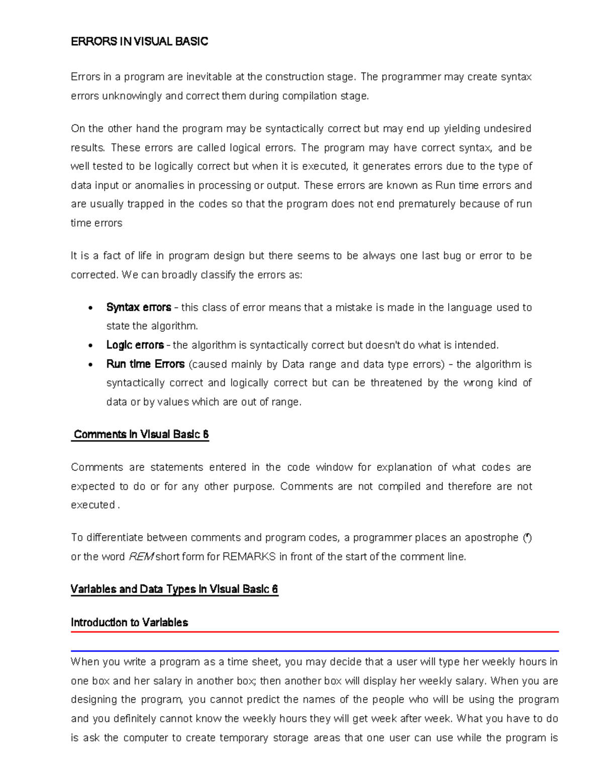 Lesson 3 -Errors, comments, variables and data types - ERRORS IN VISUAL BASIC Errors in a ...