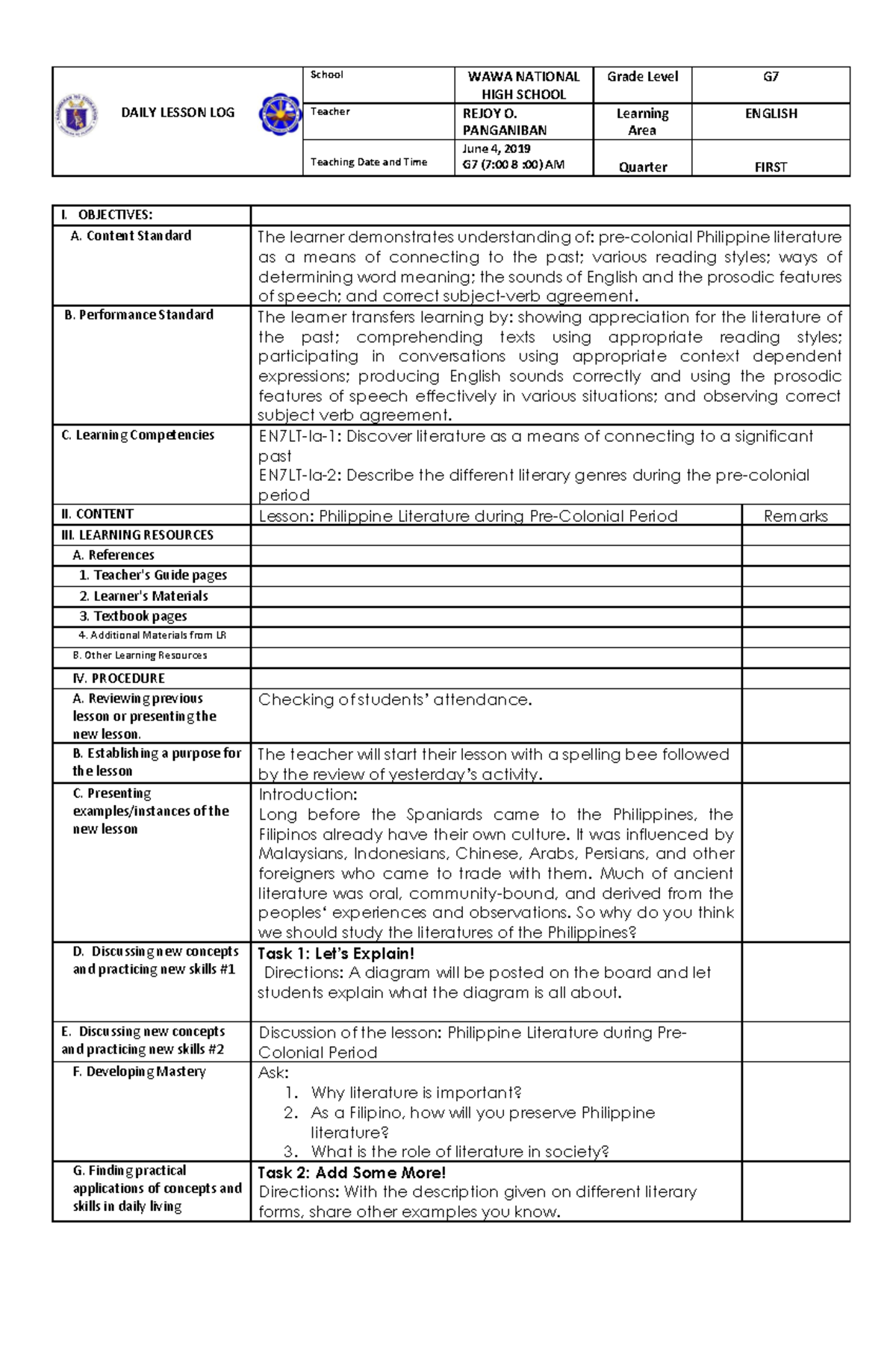 Pdfcoffee - LECTURE - DAILY LESSON LOG School WAWA NATIONAL HIGH SCHOOL Grade Level G Teacher ...