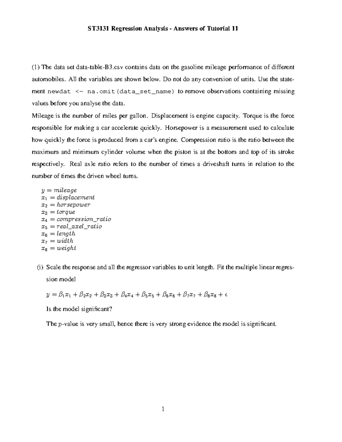 Tutorial 11 ans - ST3131 Regression Analysis - Answers of Tutorial 11 (1) The data set data ...