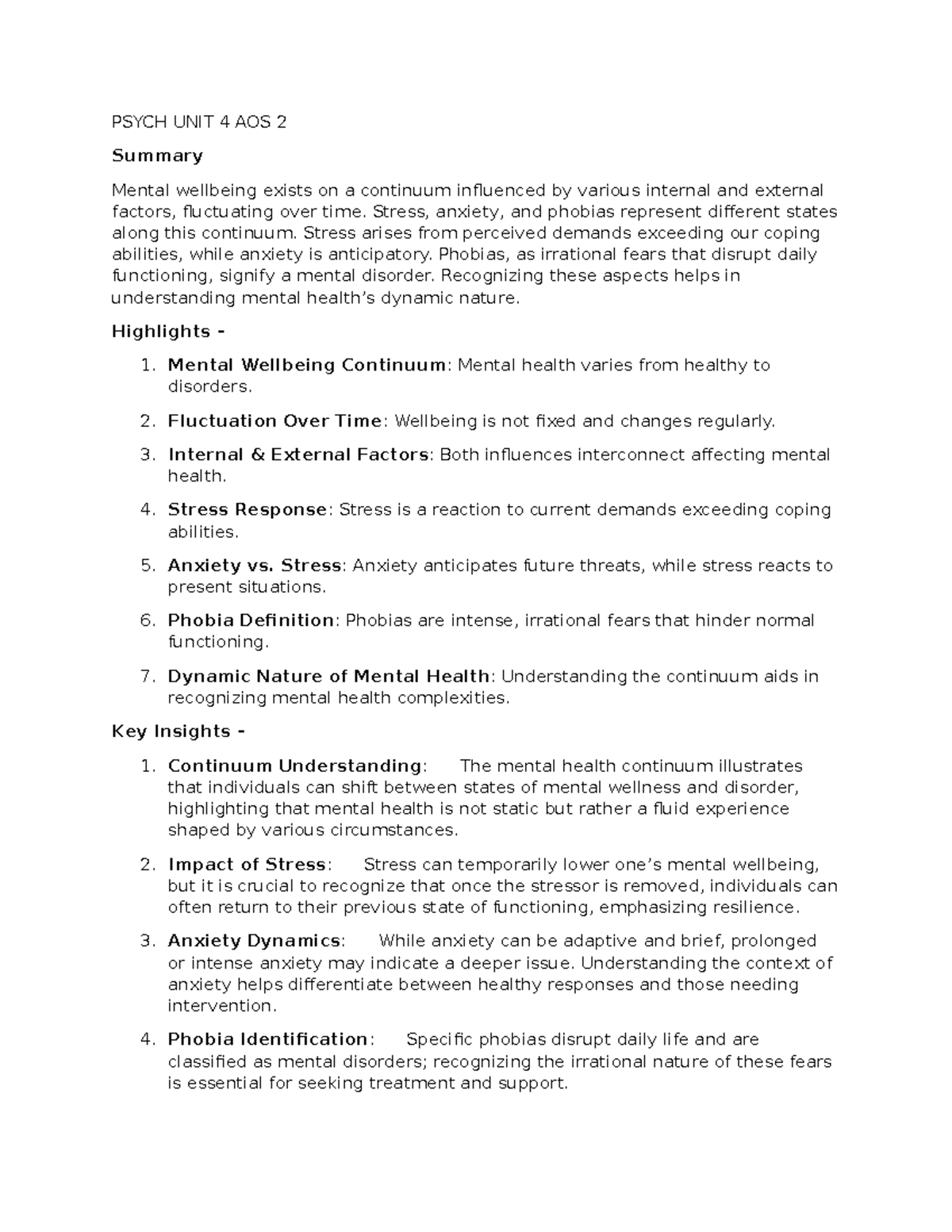 Psych UNIT 4 AOS 1 - SUMMARY - PSYCH UNIT 4 AOS 2 Summary Mental ...