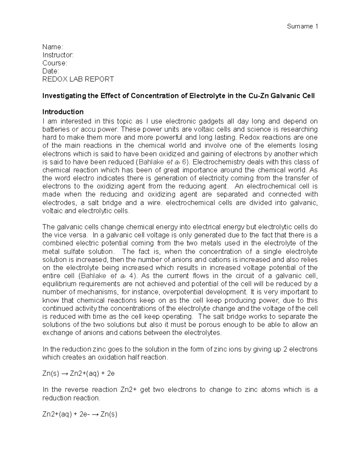 Redox lab report complete course note - Name: Instructor: Course: Date ...