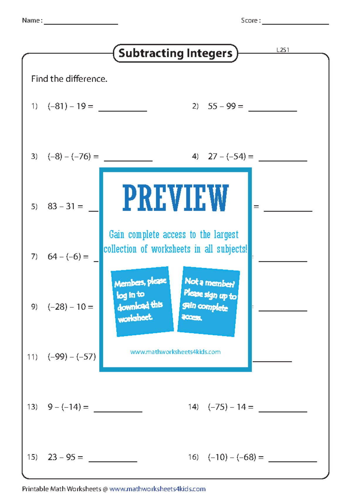 Subtract-level 2-1 - MATHEMATICS - Find the difference. 7) 64 – (–6 ...