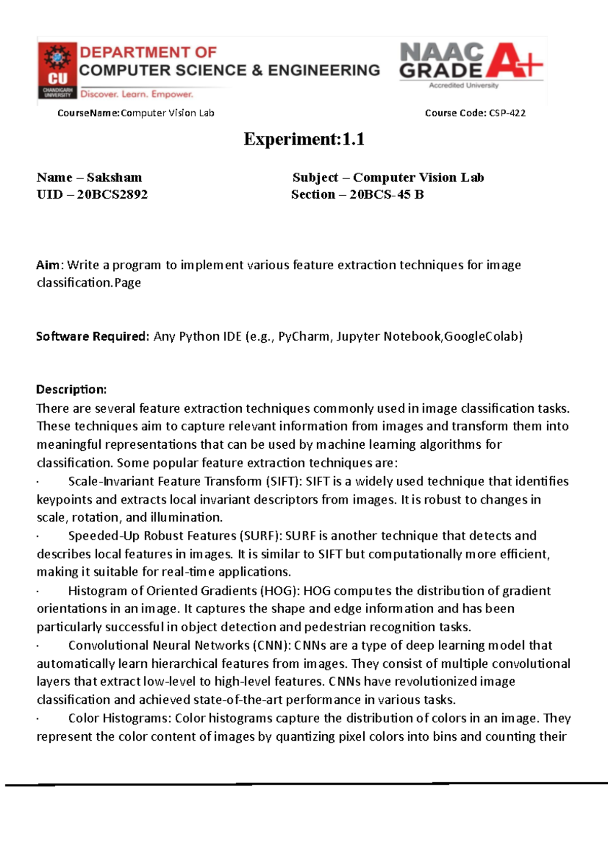 Experiment 1 - Name – Saksham Subject – Computer Vision Lab UID – 20BCS2892 Section – 20BCS-45 B ...