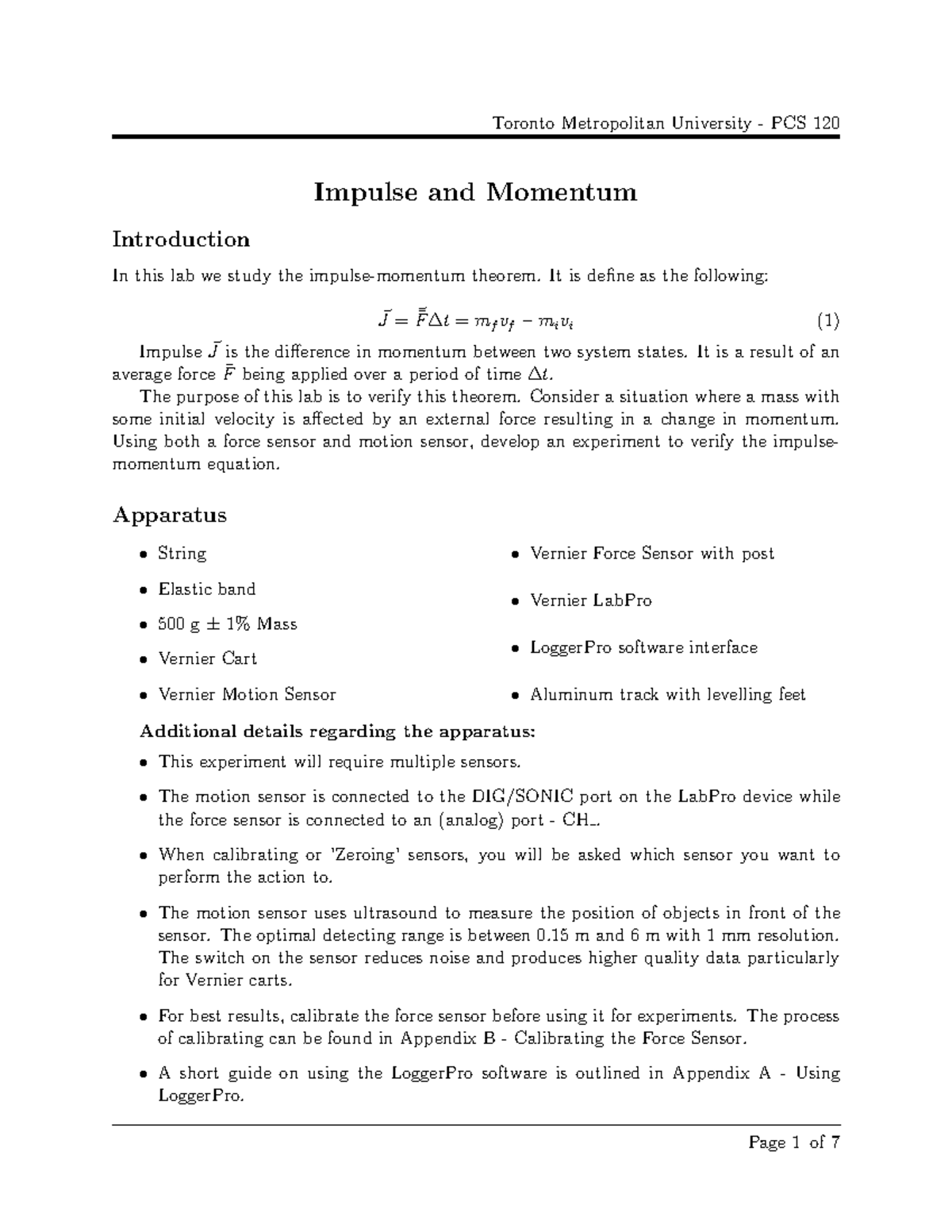 Toronto Metropolitan University PCS 120 Impulse and Momentum Lab - Studocu