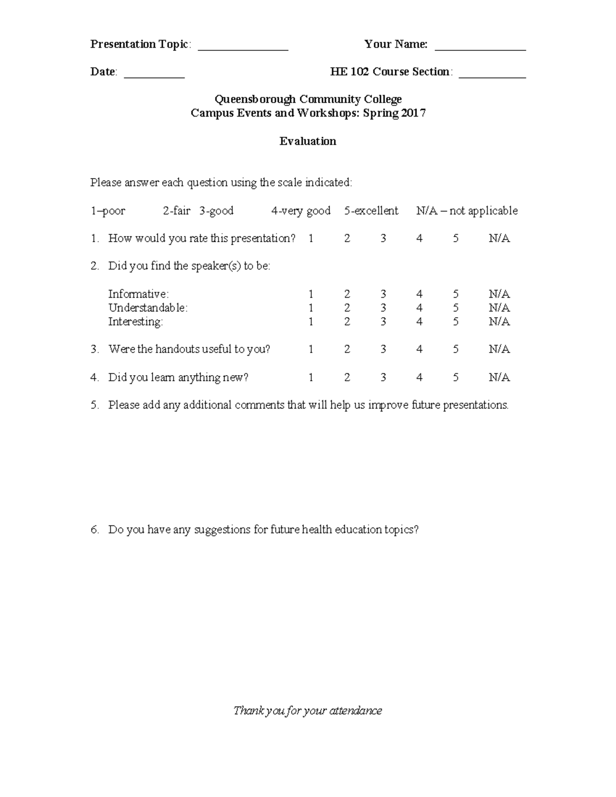 Campus Events Evaluation Form - Presentation Topic ...