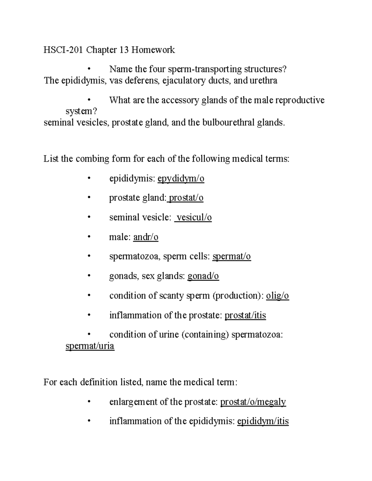 Annotated-CH 13 Homework HMD - HSCI-201 Chapter 13 Homework Name the ...
