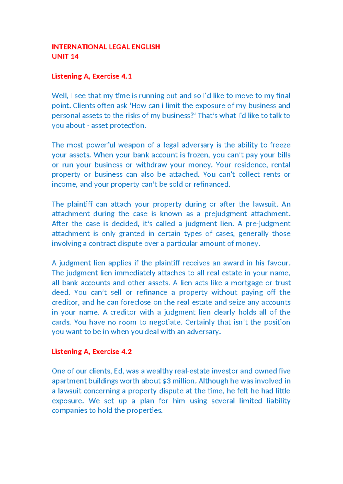 ILE U 14 Script A - INTERNATIONAL LEGAL ENGLISH UNIT 14 Listening A ...