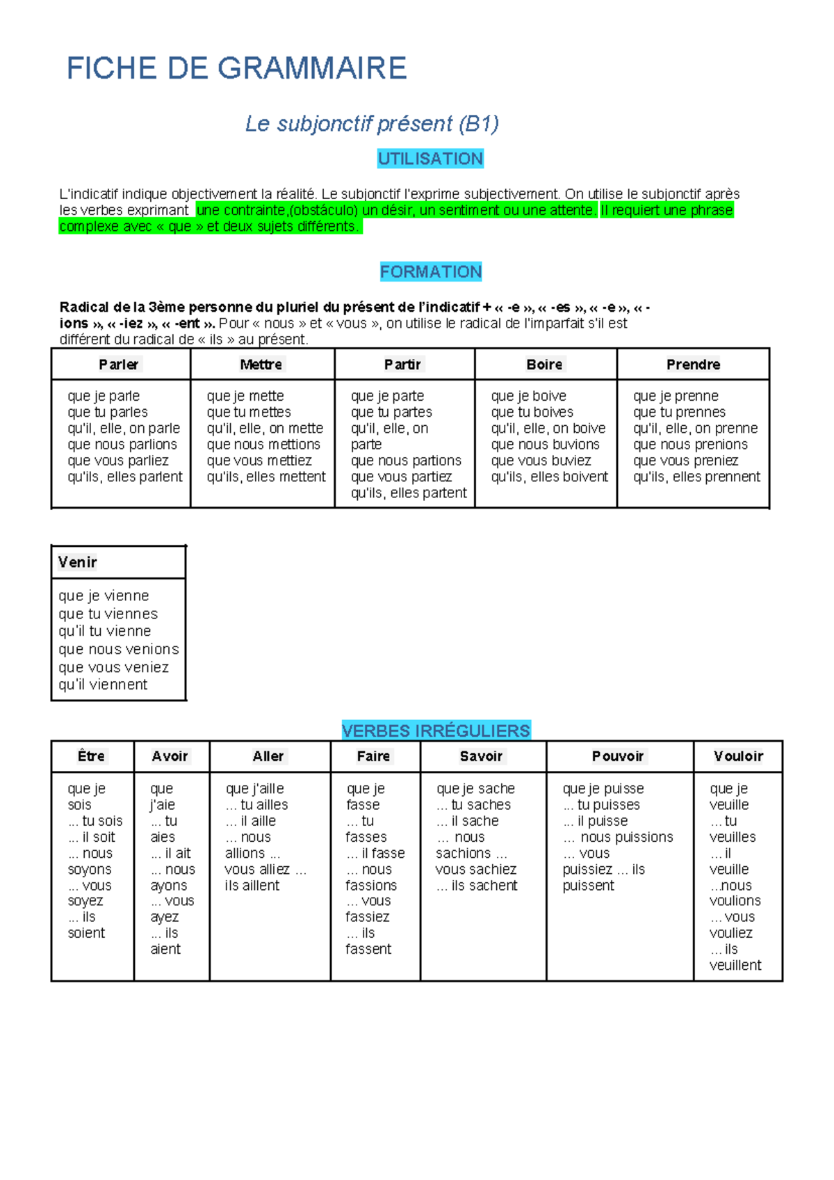 Fiche DE Grammaire-subjonctif - FICHE DE GRAMMAIRE Le subjonctif présent (B1) UTILISATION - Studocu