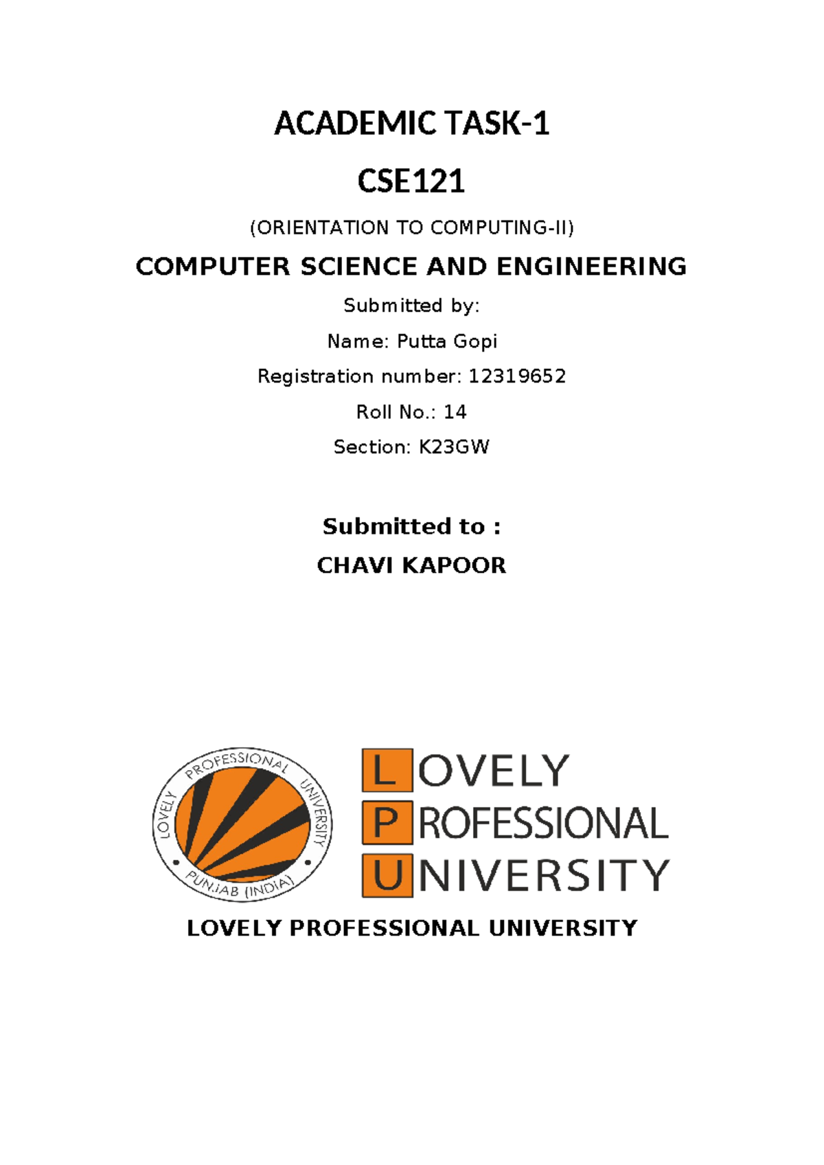 Cseproject Academic Task Cse Orientation To Computing Ii Computer Science And Engineering