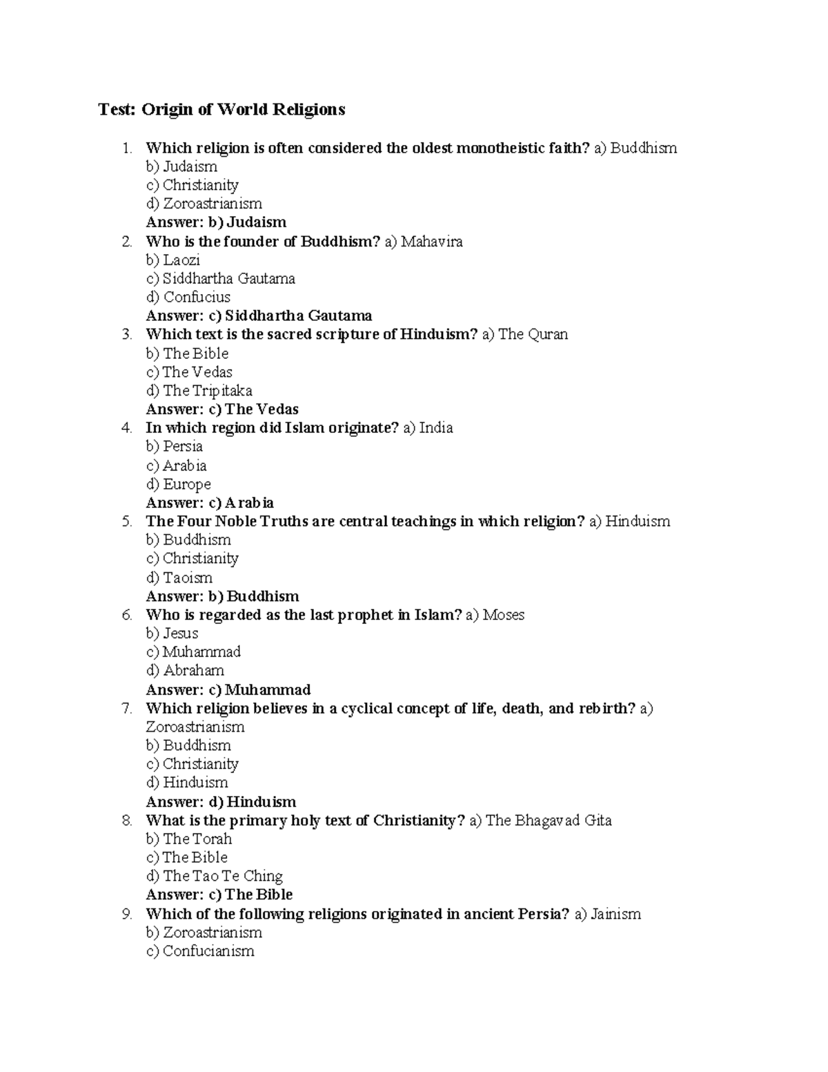 Grade 11 test question - lectures - Test: Origin of World Religions 1 ...