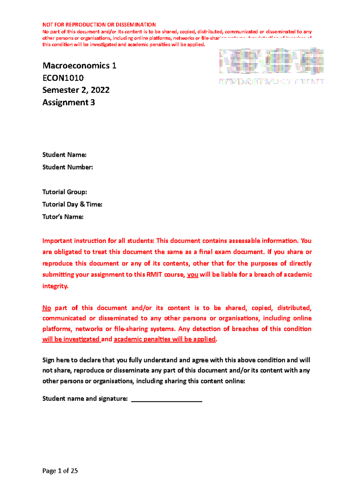 Macro Assignment 3 (2022 Sem2) Questions - No part of this document and/or its content is to be ...