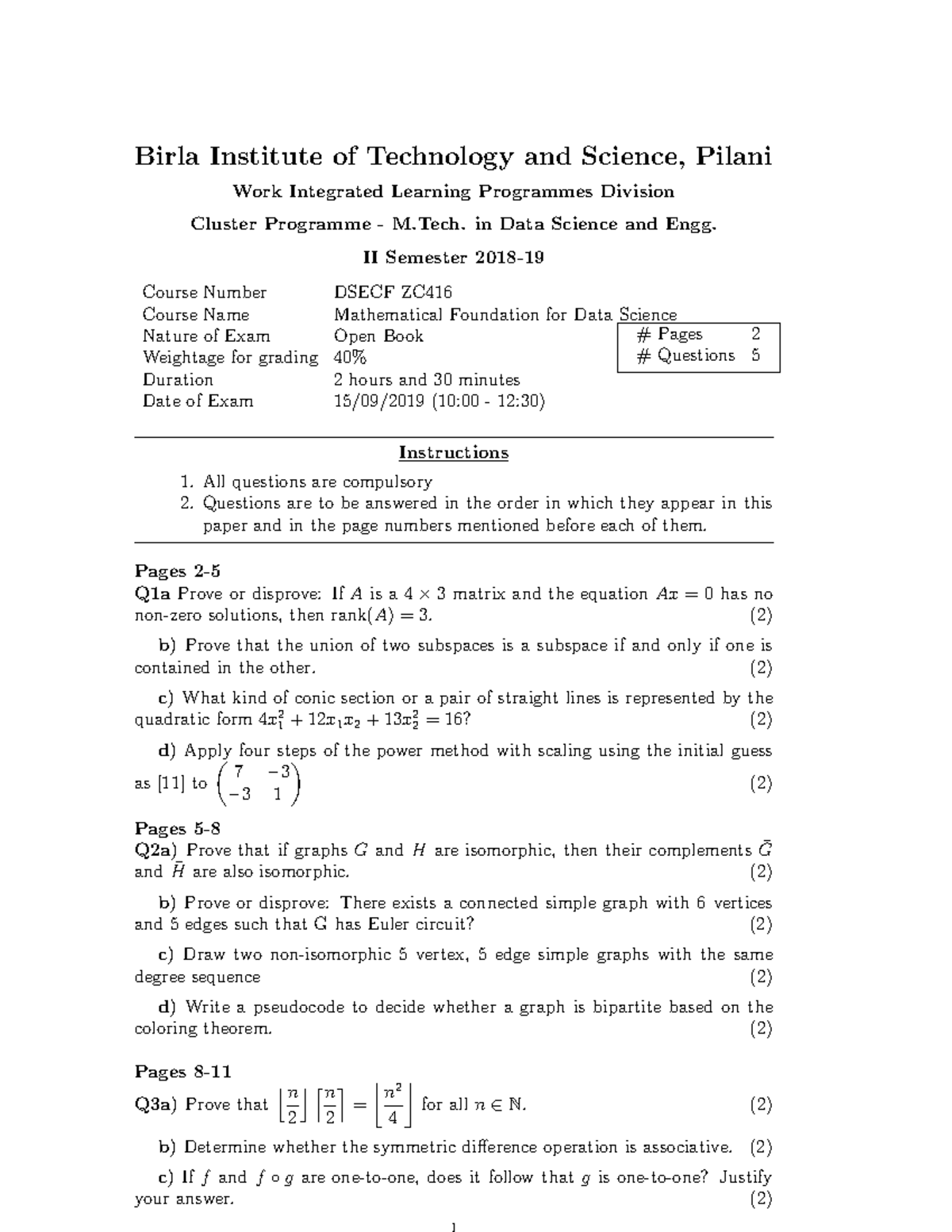 Previous Compre MFDS Regular - Birla Institute of Technology and Science, Pilani Work Integrated ...