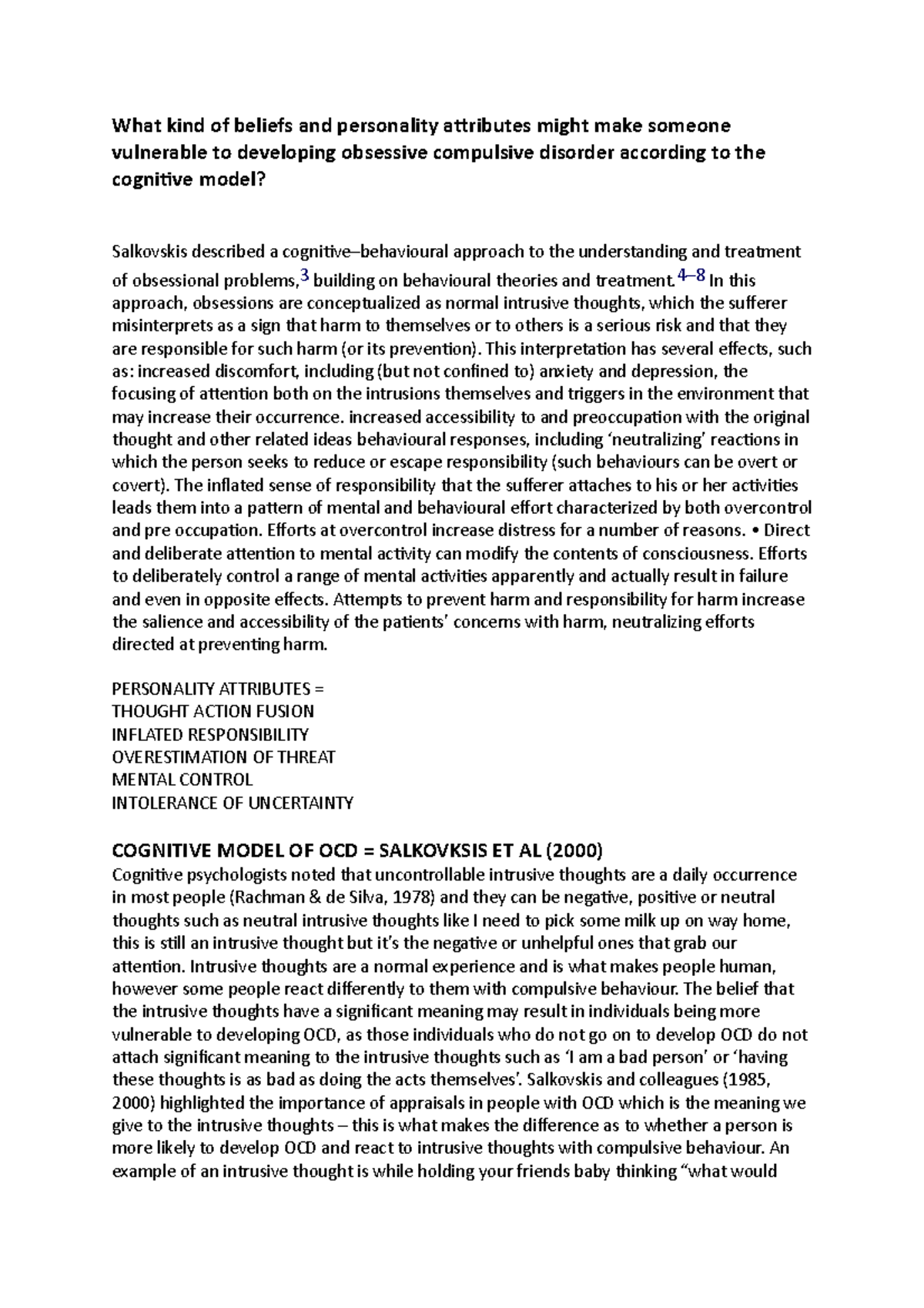 Beliefs and personality attributes OCD cognitive model essay - What ...