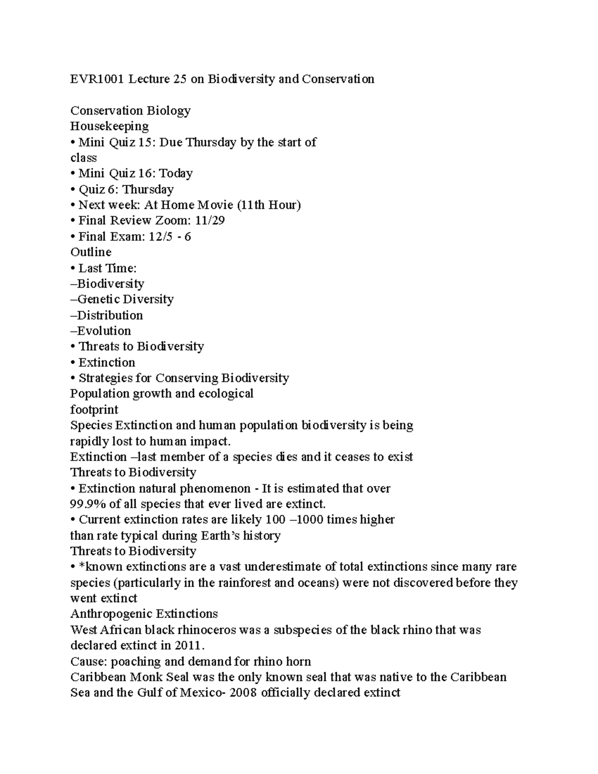 EVR1001 Lecture 25 on Biodiversity and Conservation - EVR1001 Lecture ...