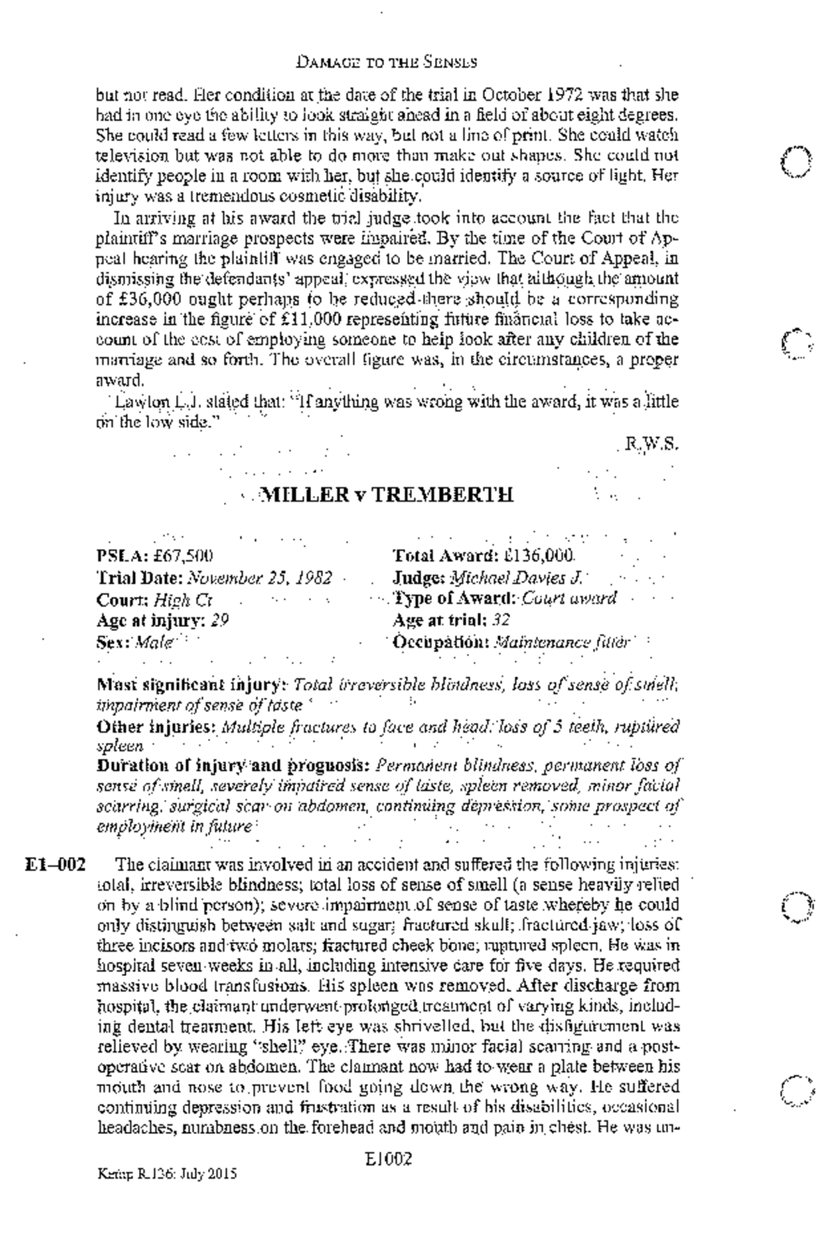 E - 1982 - Miller v Tremberth - DAMAGE TO THE SENSES but not read. Her ...