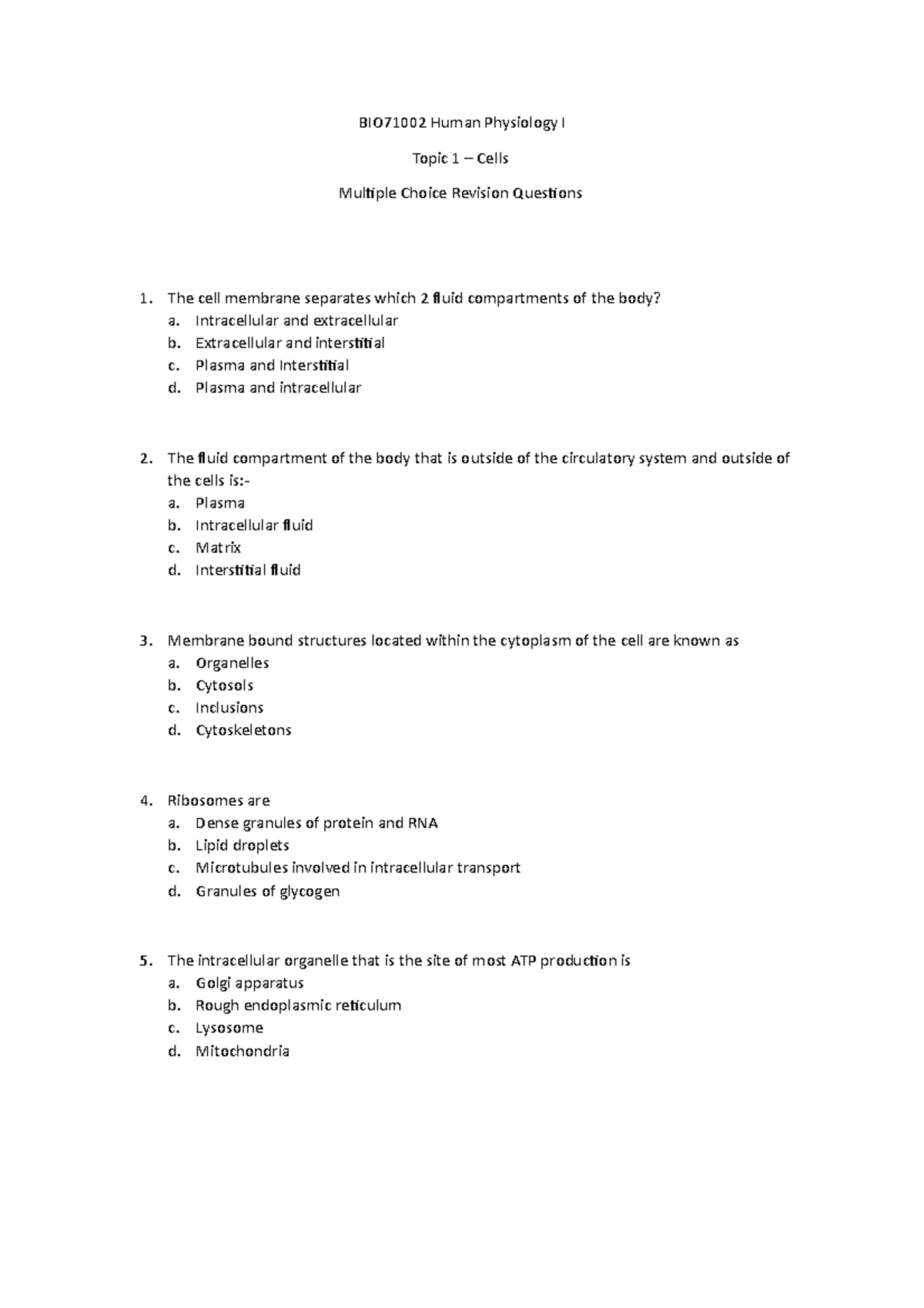 19 S1 HP1 Topic 1 Revision MCQ - BIO71002 Human Physiology I Topic 1 ...
