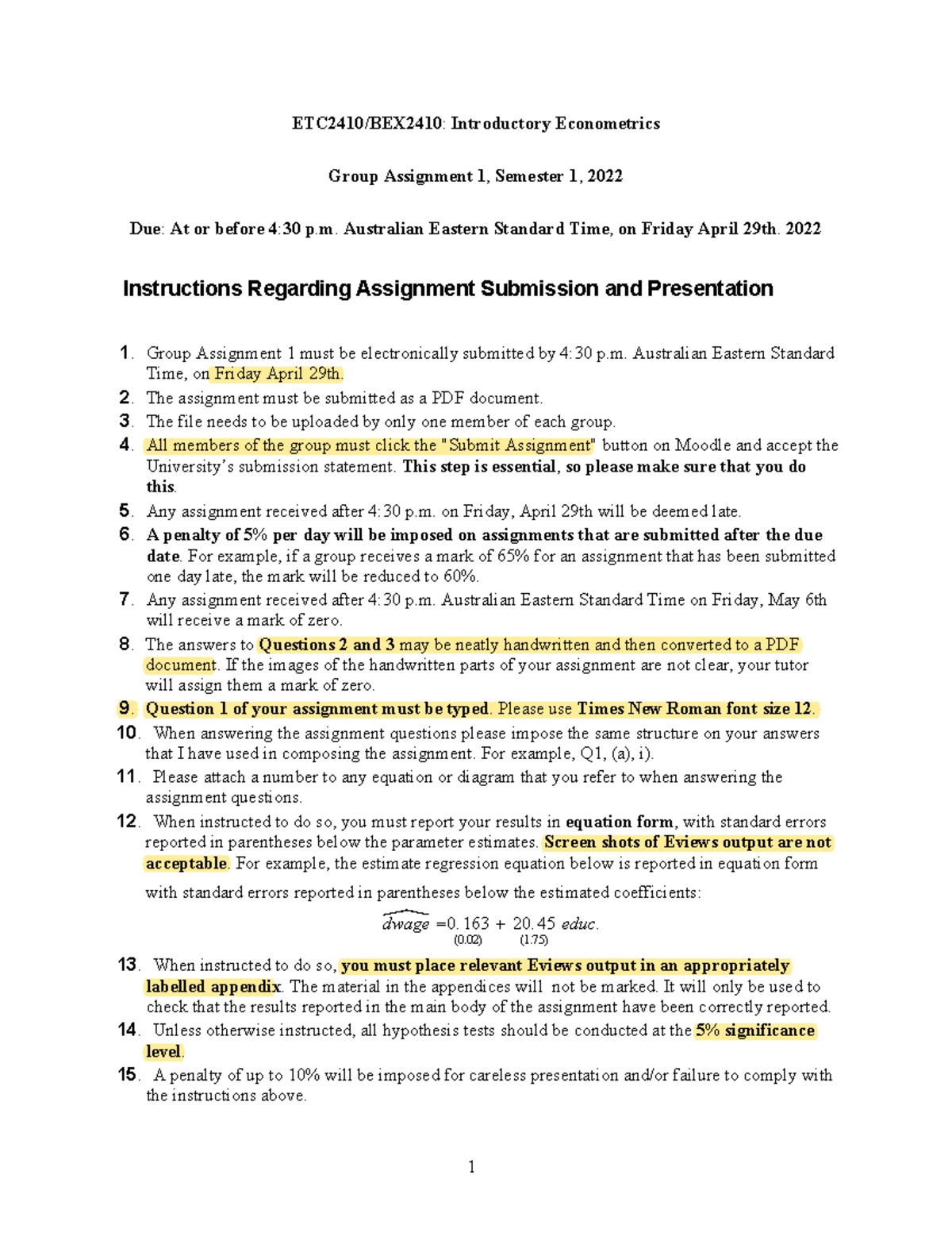 Etc2410 Assignment 1 Guidelines Etc2410 Bex2410 Introductory Econometrics Group Assignment