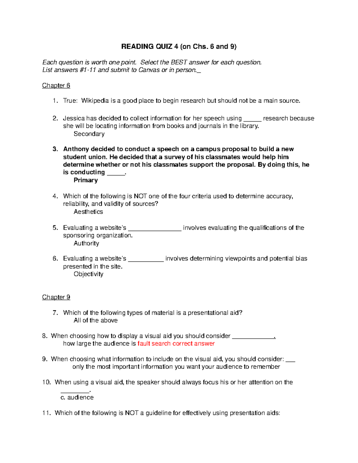 Quiz 4 and 5 notes - READING QUIZ 4 (on Chs. 6 and 9) Each question is ...