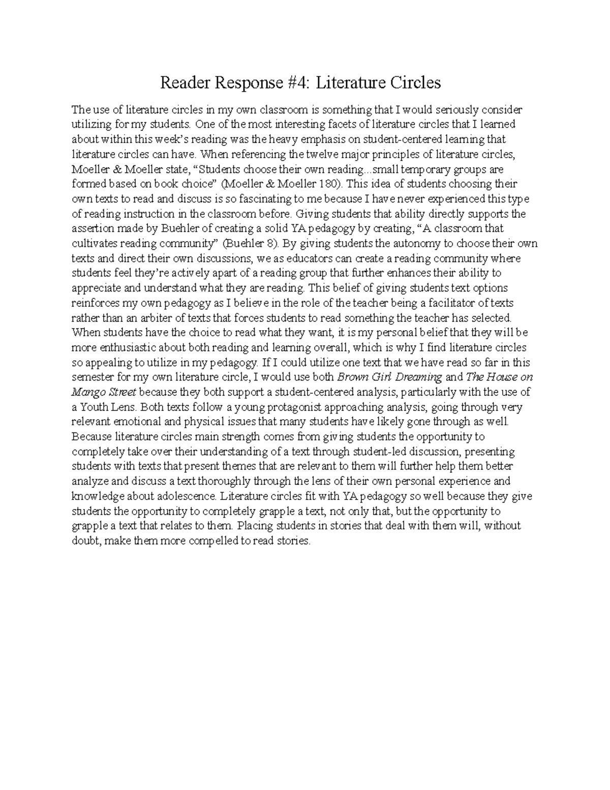 Reader Response 4 LAE4464 - Reader Response #4: Literature Circles The ...