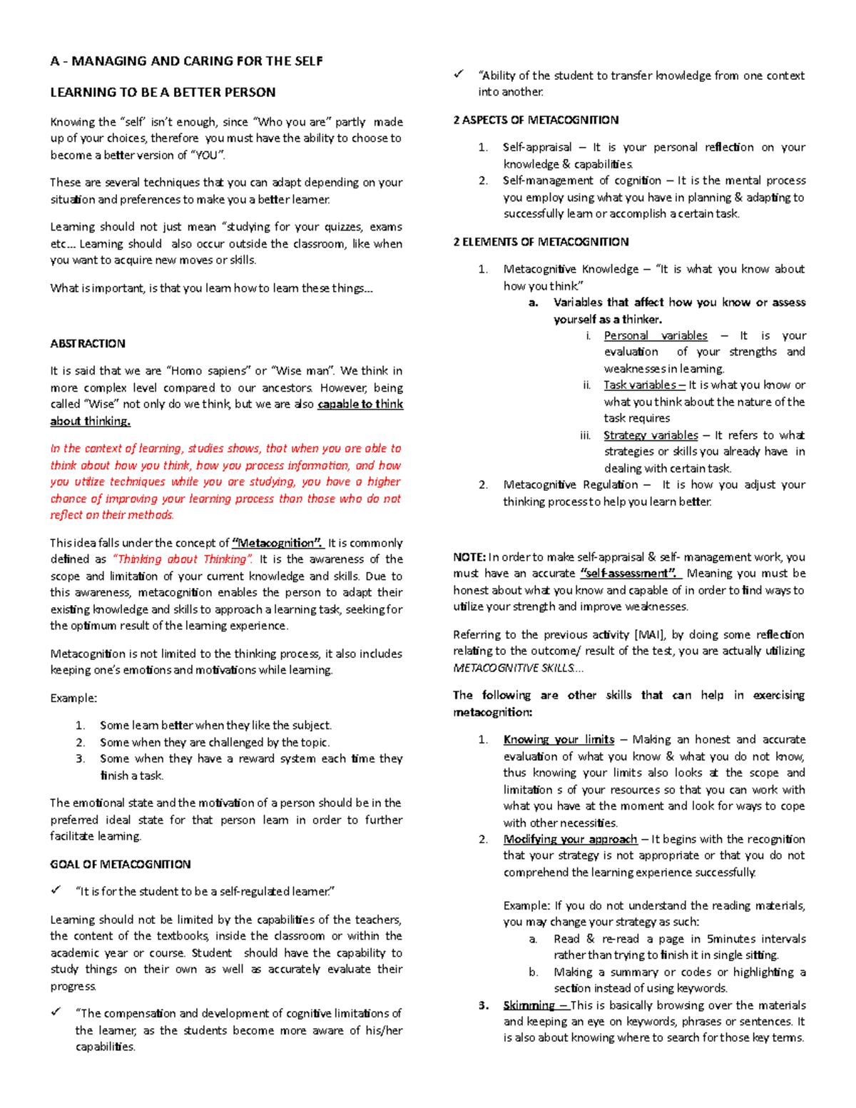 Finals - A - MANAGING AND CARING FOR THE SELF LEARNING TO BE A BETTER ...