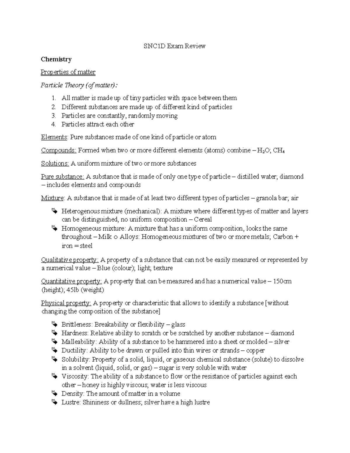 SNC1D Exam Review - SNC1D Exam Review Chemistry Properties of matter ...