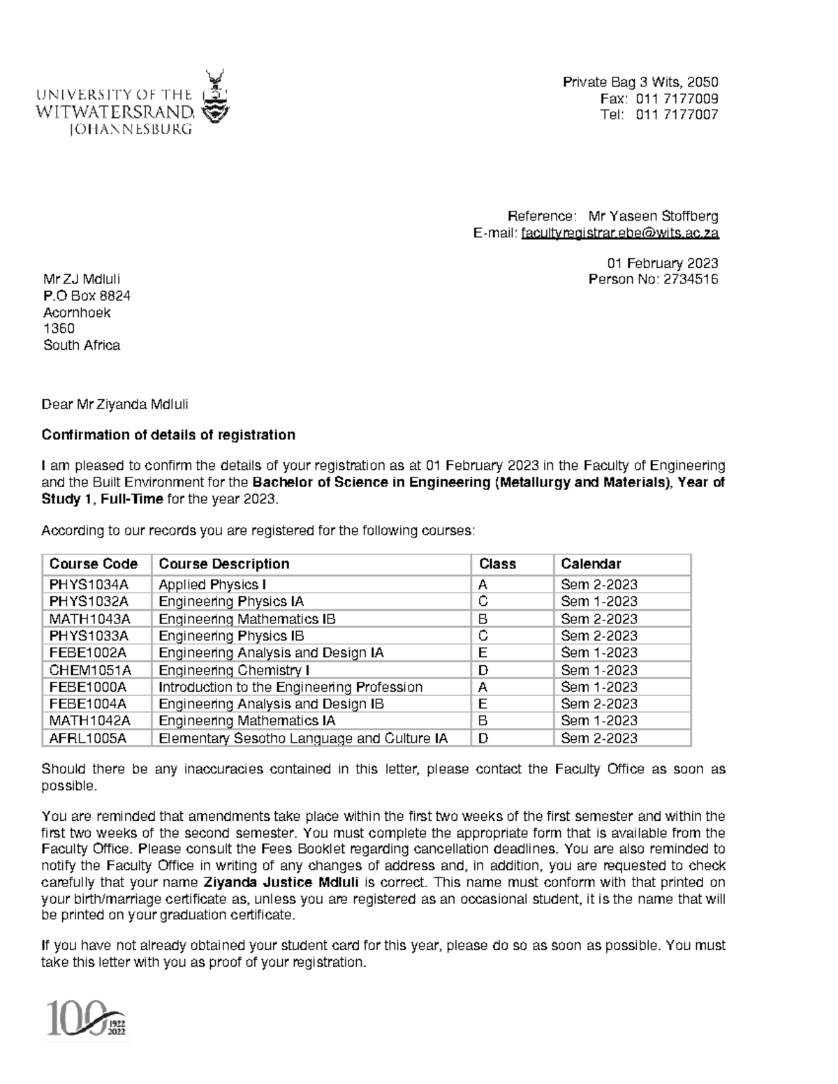 Acceptance Letter - Private Bag 3 Wits, 2050 Fax: 011 7177009 Tel: 011 ...