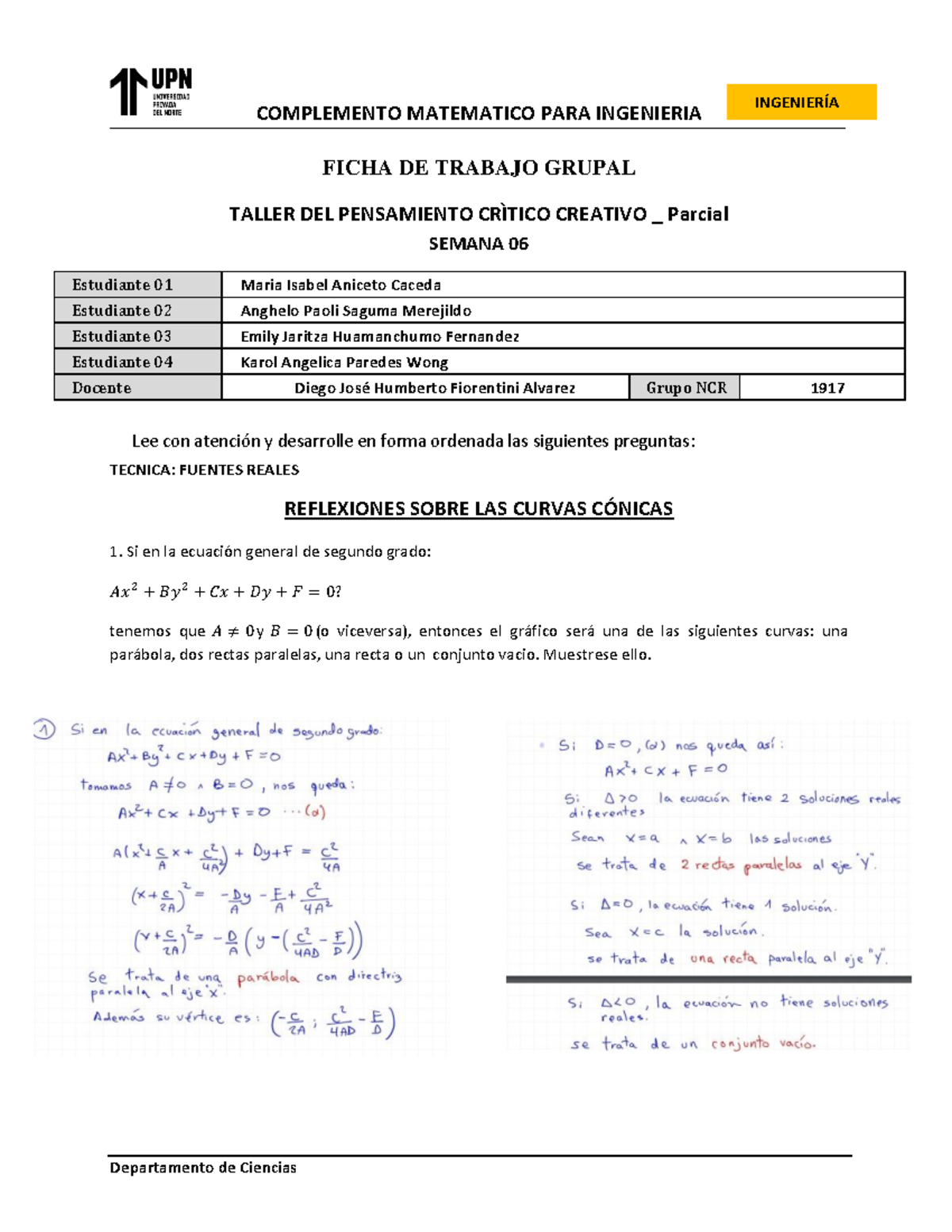 Comma ING 6559 TPCC Parcial - COMPLEMENTO MATEMATICO PARA INGENIERIA FICHA DE TRABAJO GRUPAL ...