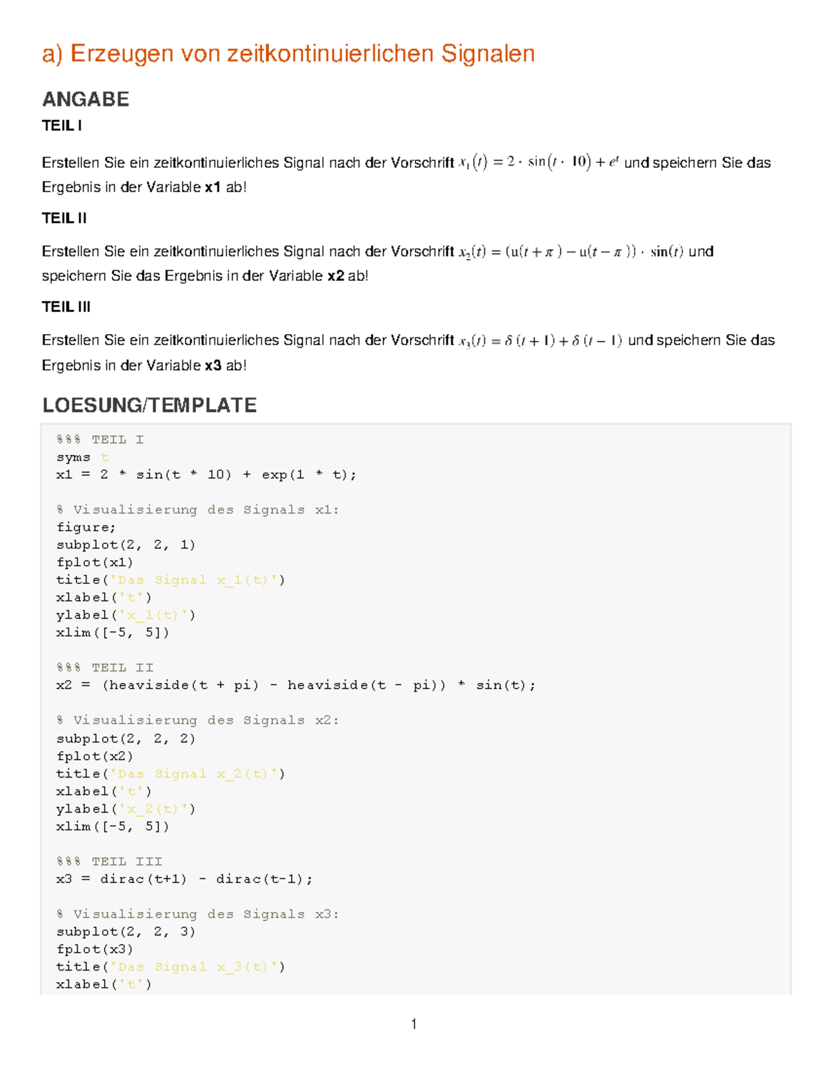 Grader 1 signale - Erste MATLAB Aufgabe - a) Erzeugen von ...