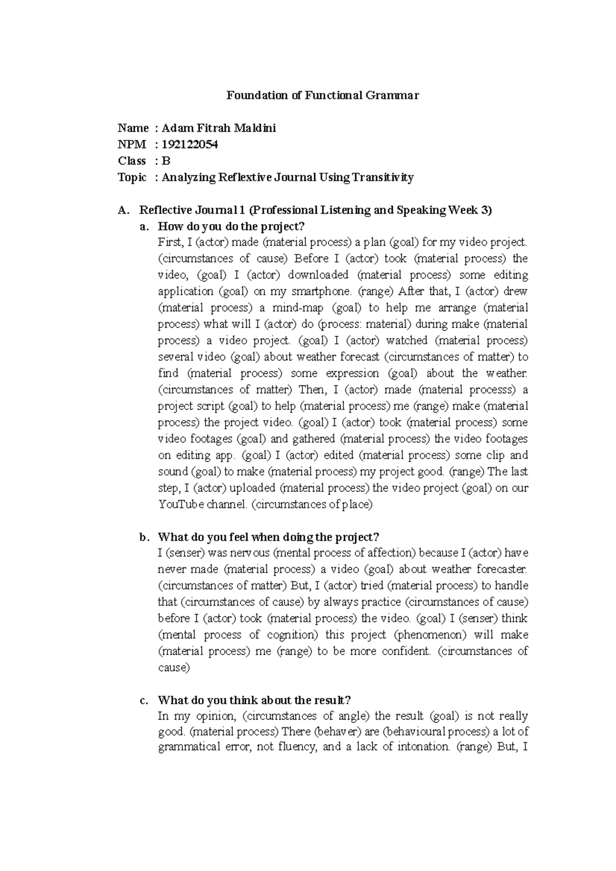 Assignment Transitivity Analysis 2 - Foundation of Functional Grammar ...