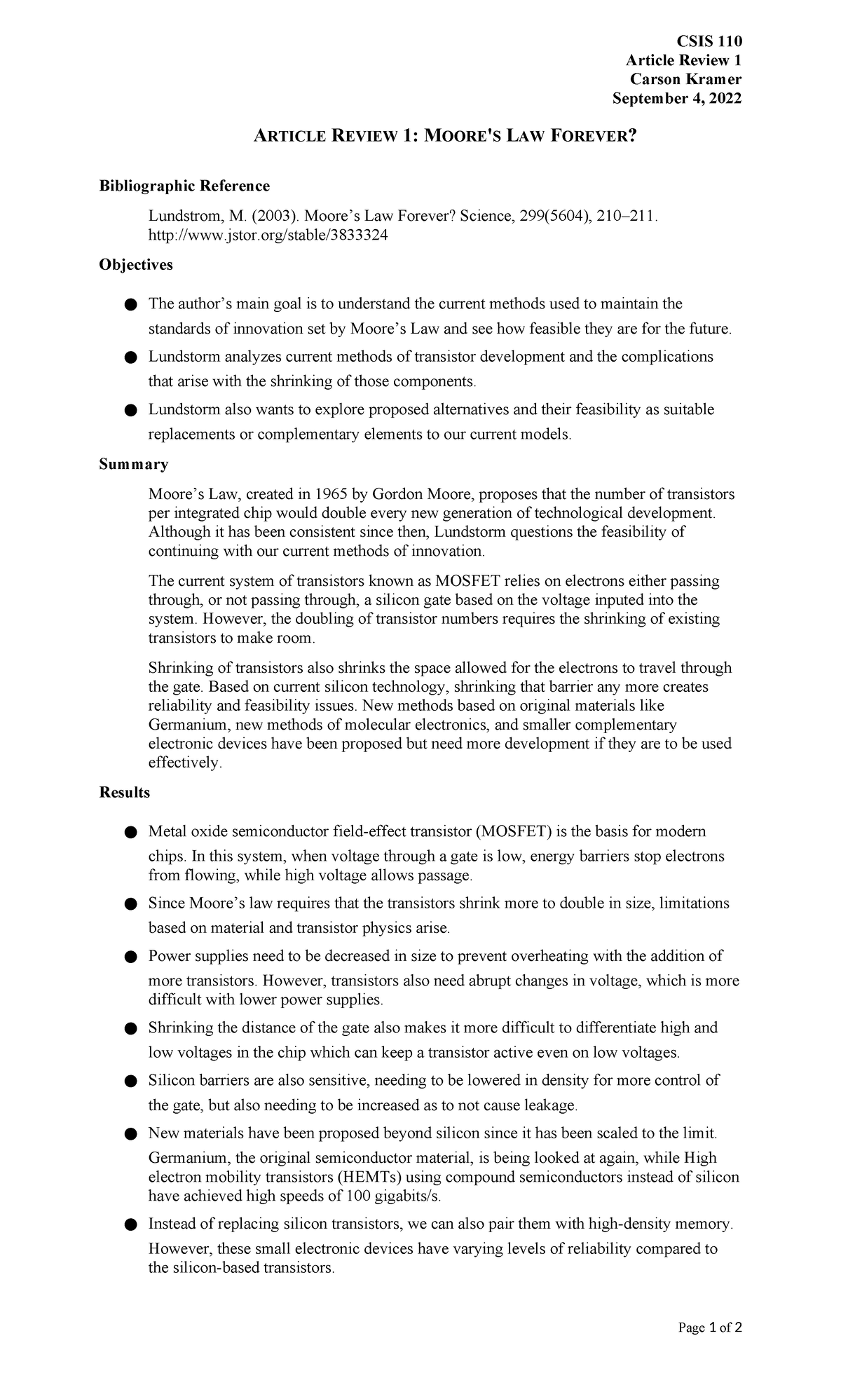 Article Review 1 - CSIS 110 Article Review 1 Carson Kramer September 4 ...